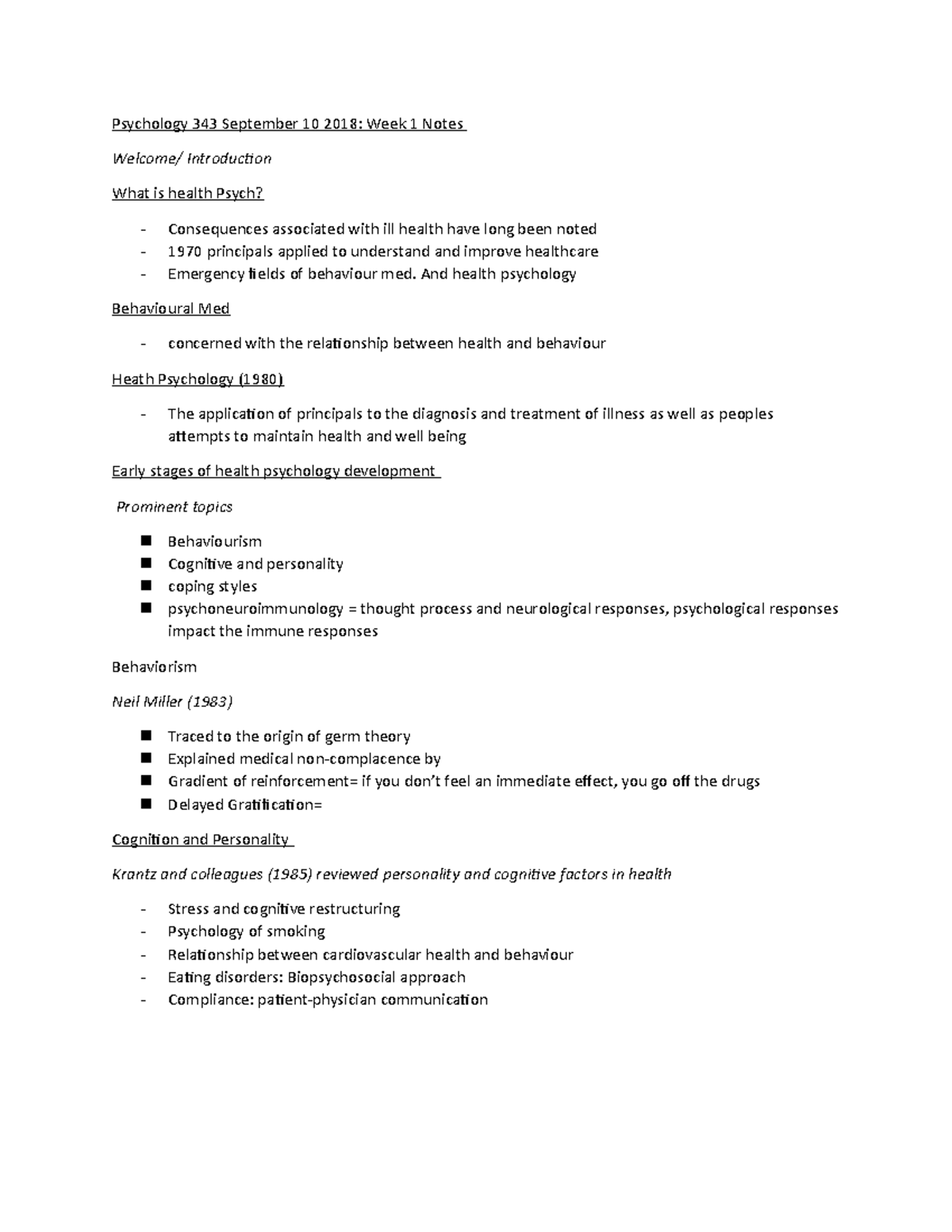 Psychology 343 September 10 2018 Week 1 Notes - Psychology 343 ...