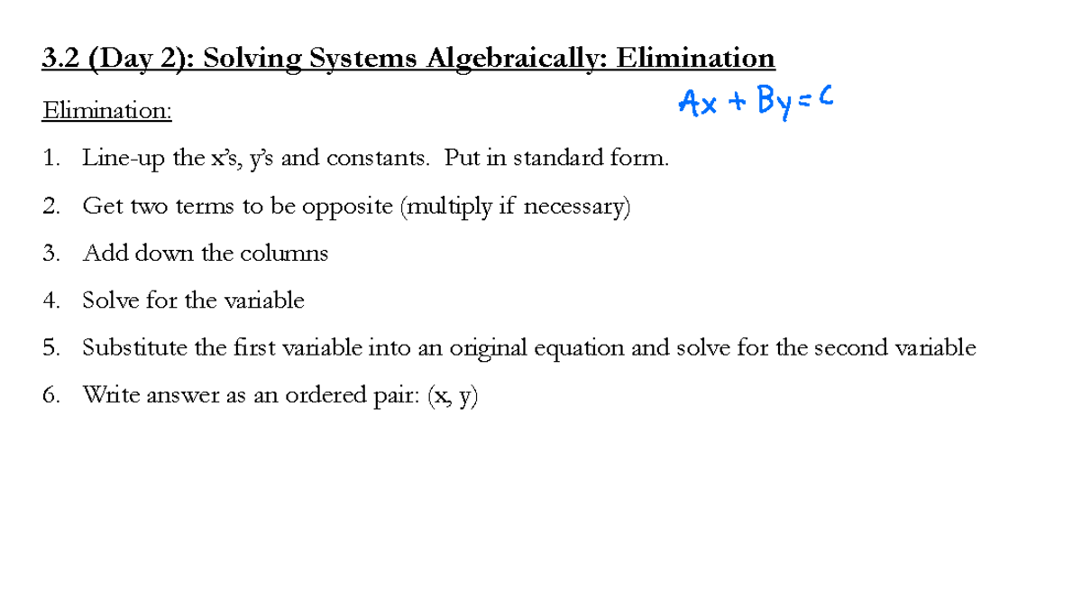 3.2 (Day 2) Notes - Alg 2 - 3 (Day 2): Solving Systems Algebraically ...
