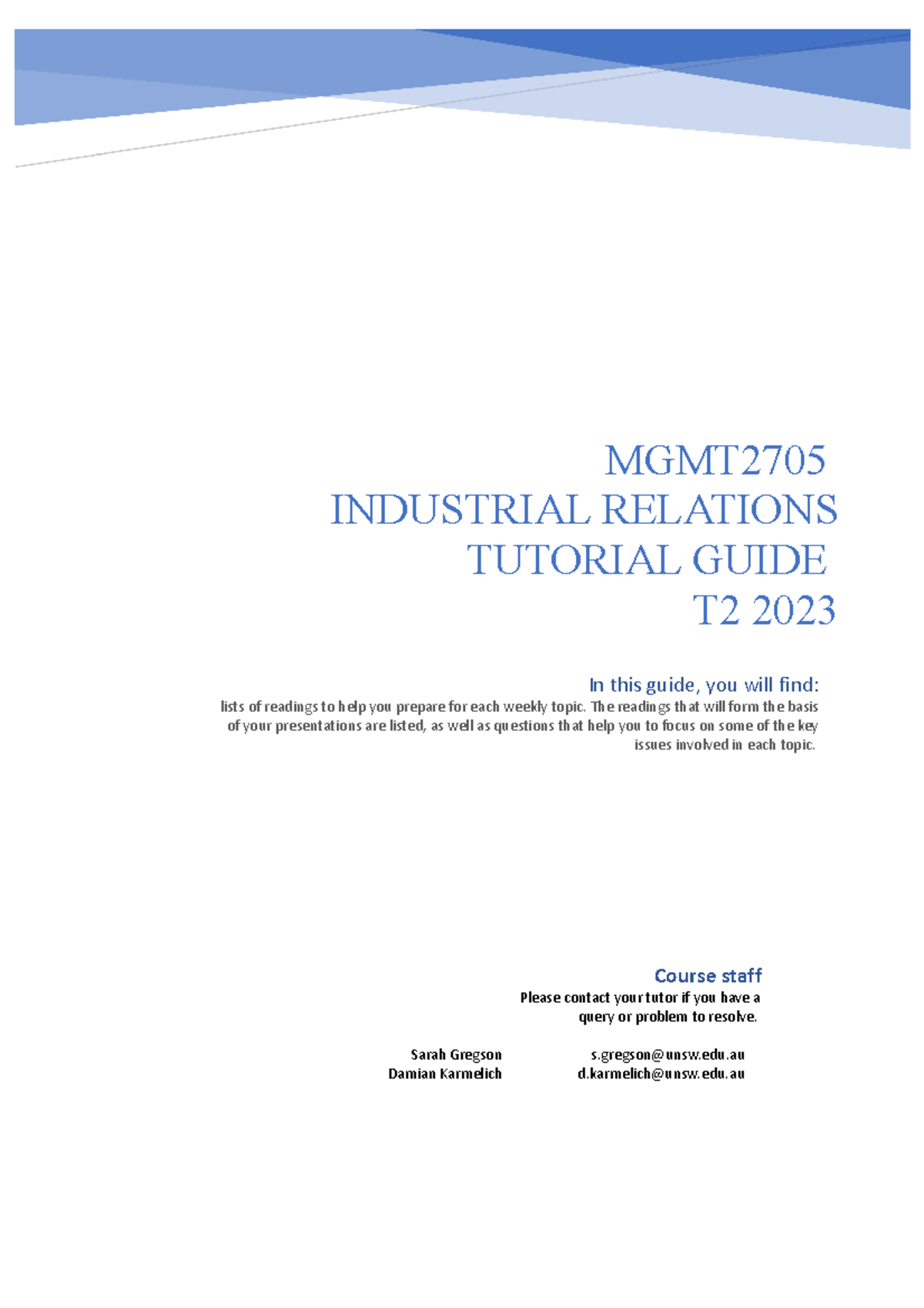 T2 2023 Tutorial guide - MGMT INDUSTRIAL RELATIONS TUTORIAL GUIDE T2 ...