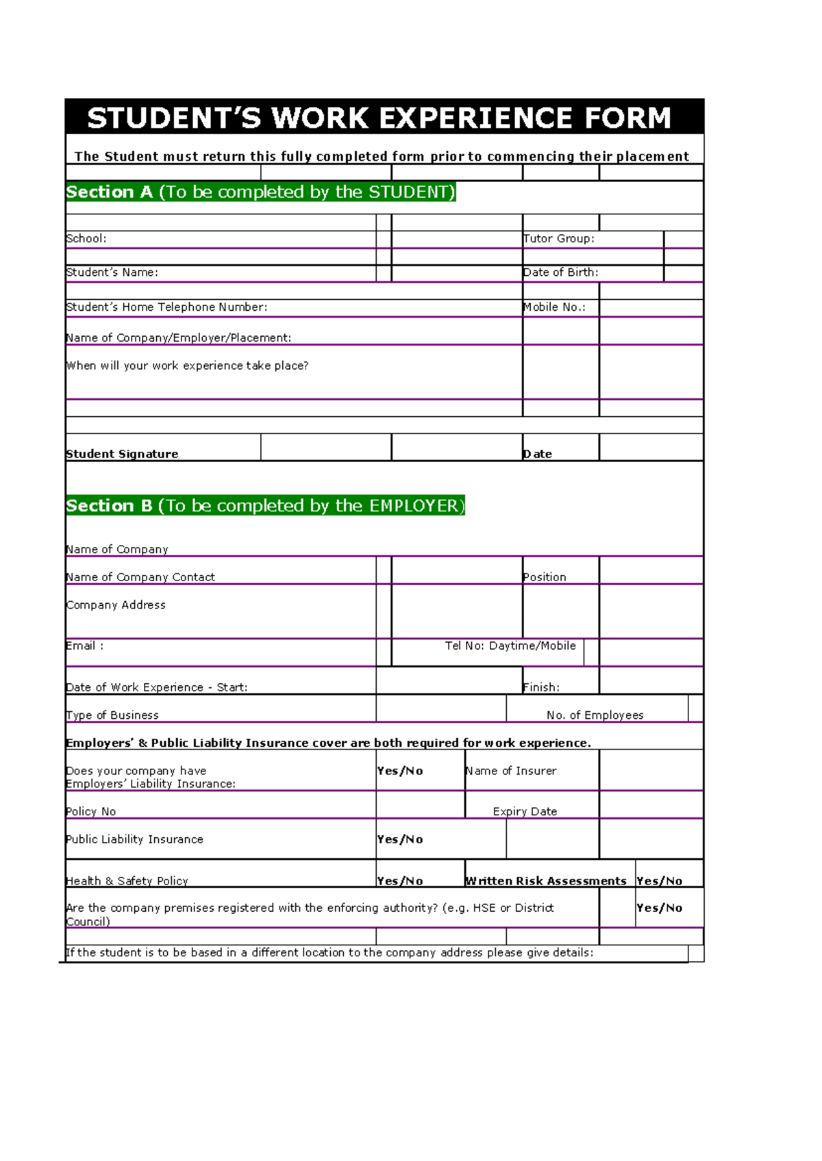 Yr 12 Work Experience Documentation - STUDENT’S WORK EXPERIENCE FORM ...
