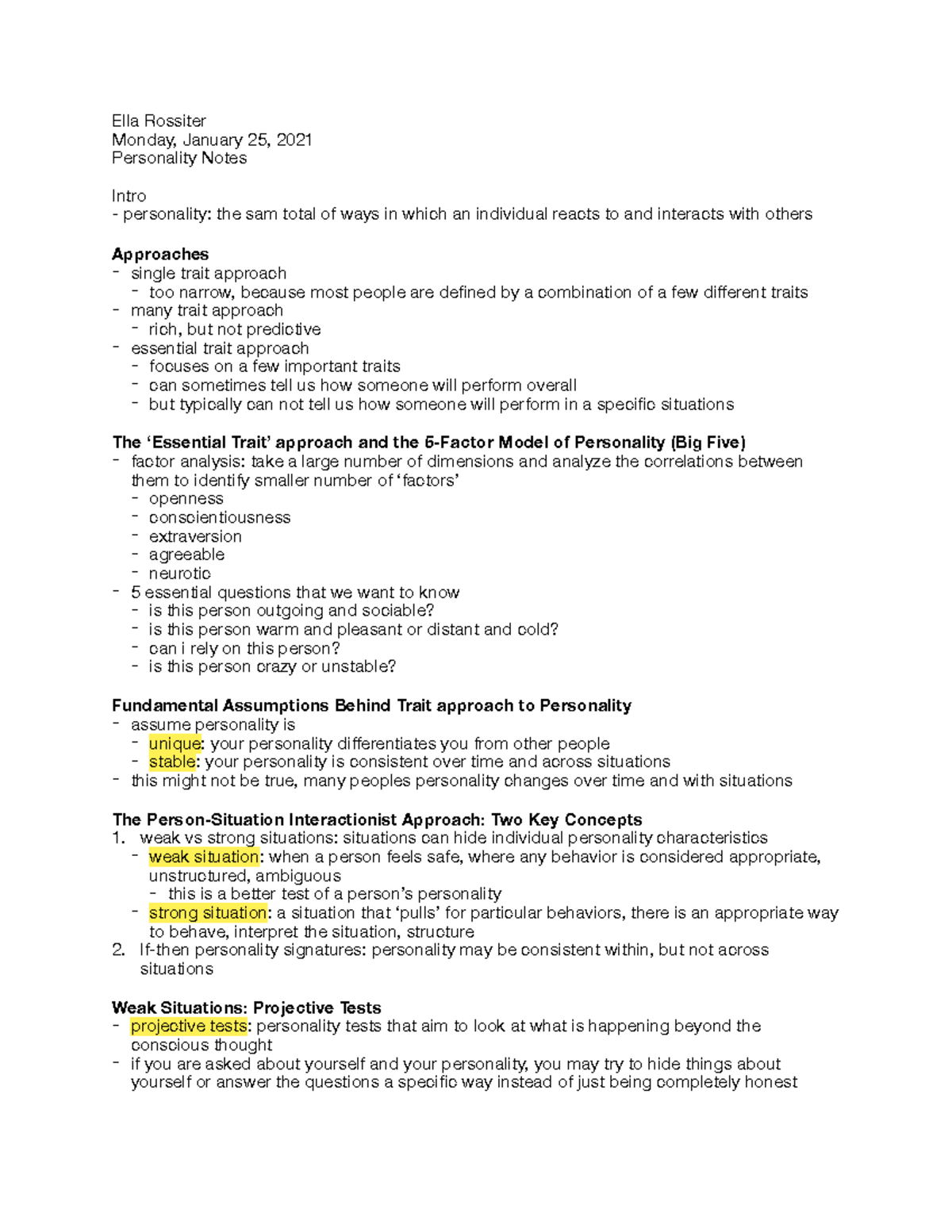 Personality Notes - Ella Rossiter Monday, January 25, 2021 Personality ...