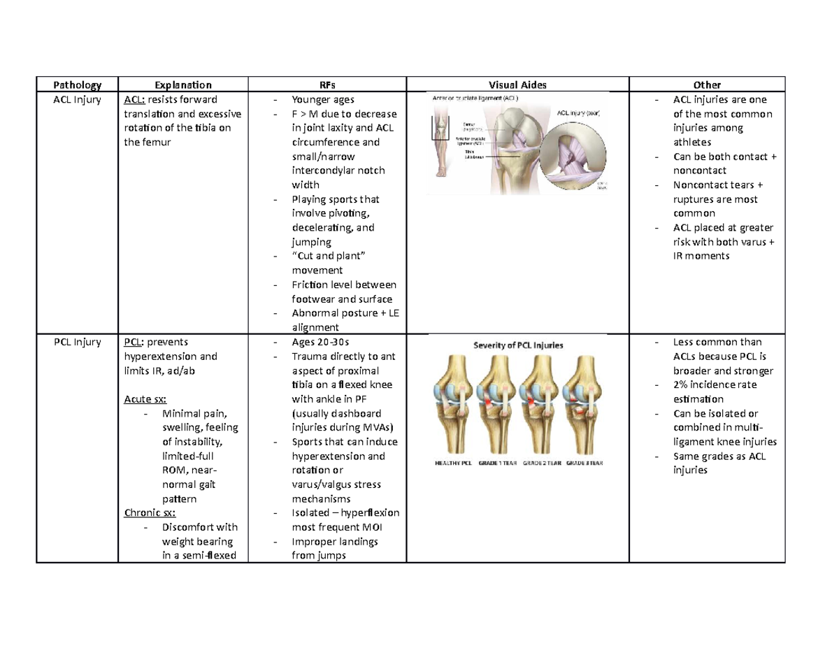 Knee pathology worksheet - ACL Injury ACL: resists forward translation ...