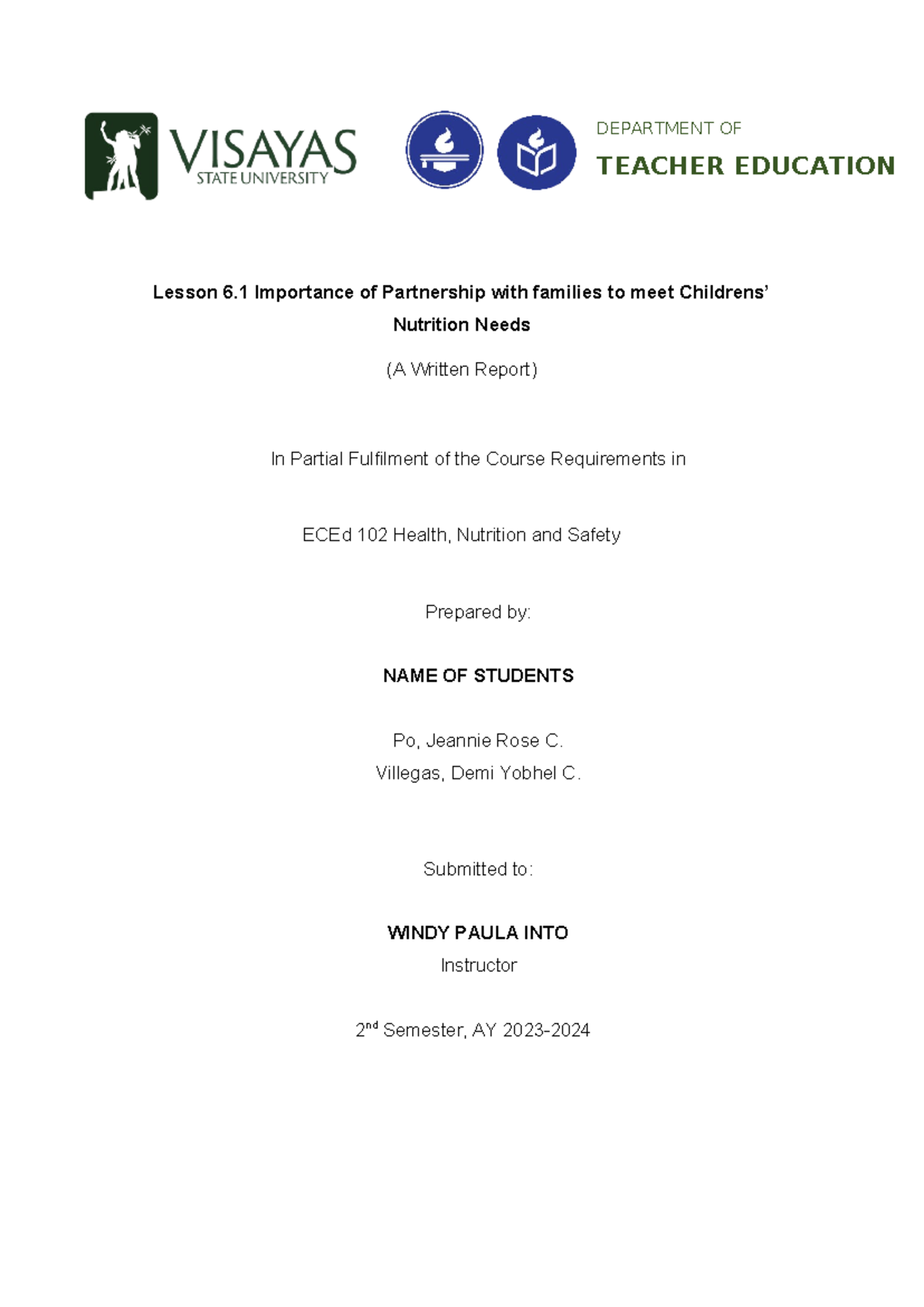 ECED 111 L3.5 WR - its for health, nutrition and safety subject under ...