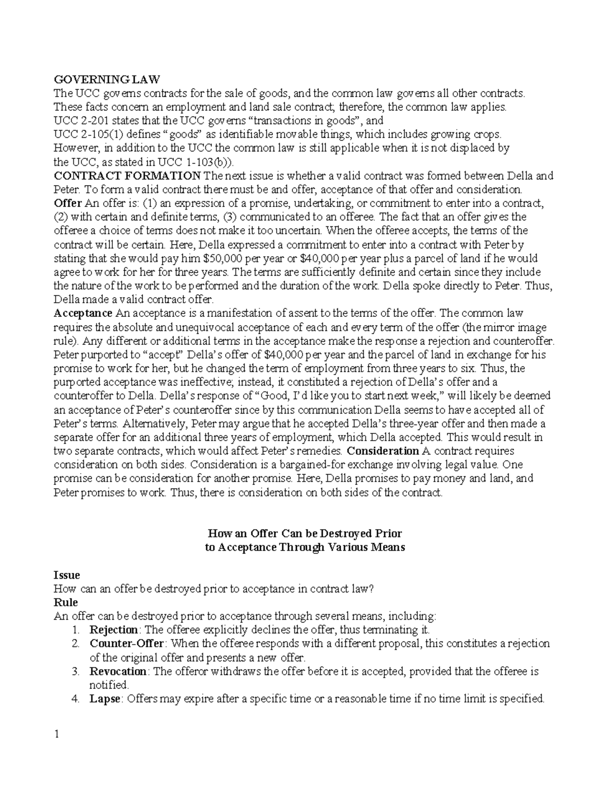 Contracts Essay Shell - GOVERNING LAW The UCC governs contracts for the ...