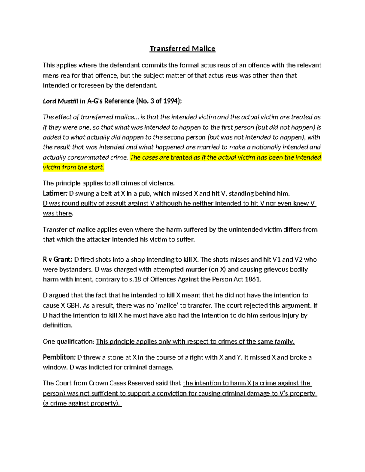 Transferred malice - Transferred Malice This applies where the ...