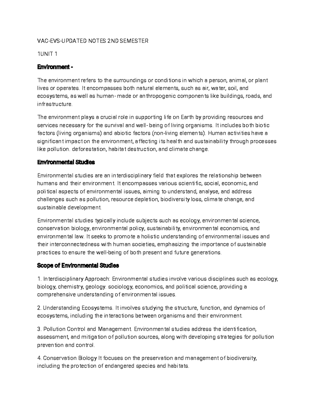 Unit 1VAC-EVS - VAC-EVS-UPDATED NOTES 2ND SEMESTER 1UNIT 1 Environment ...