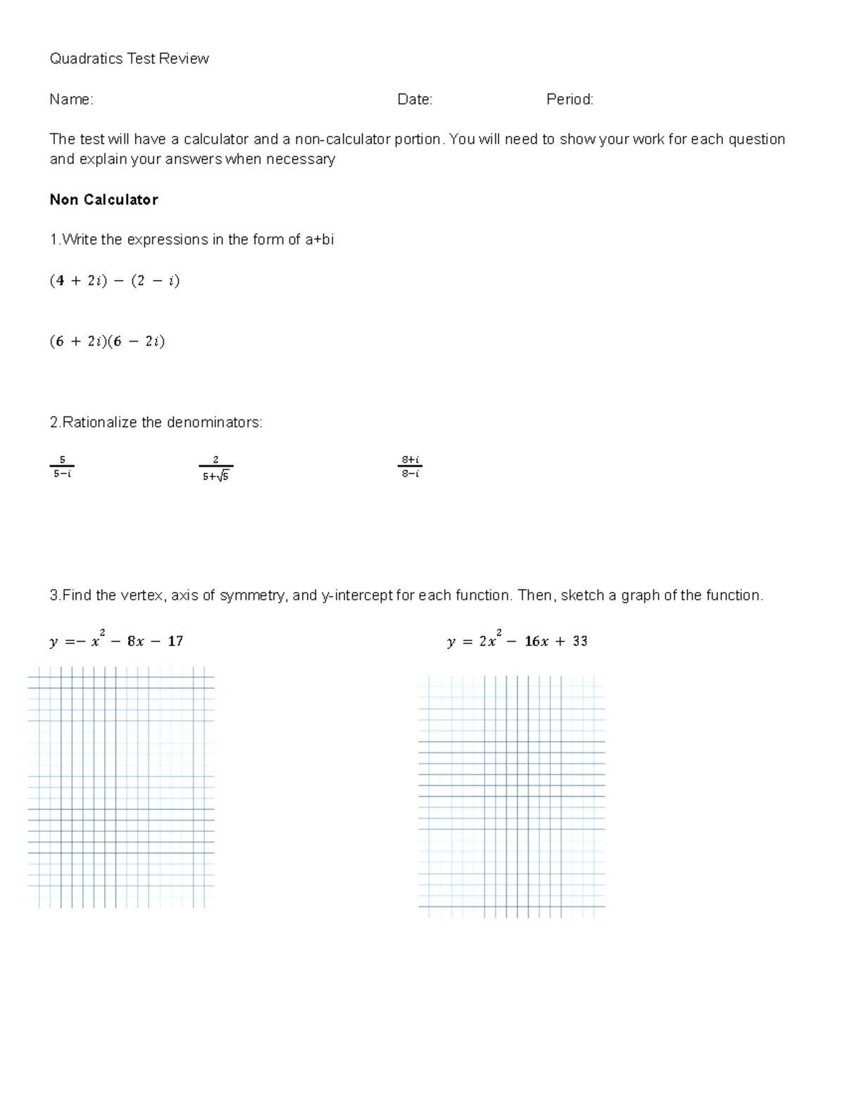 Quadratics Test Review - Google Docs - Quadratics Test Review Name ...