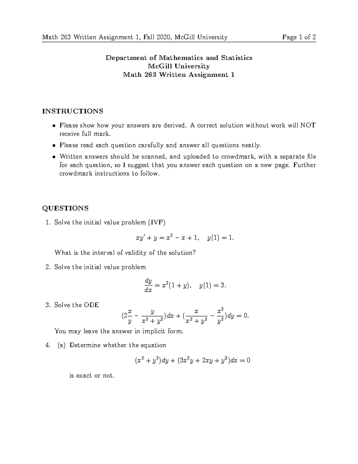 Math263-written 1-v1 Assigment - Math 263 Written Assignment 1, Fall ...