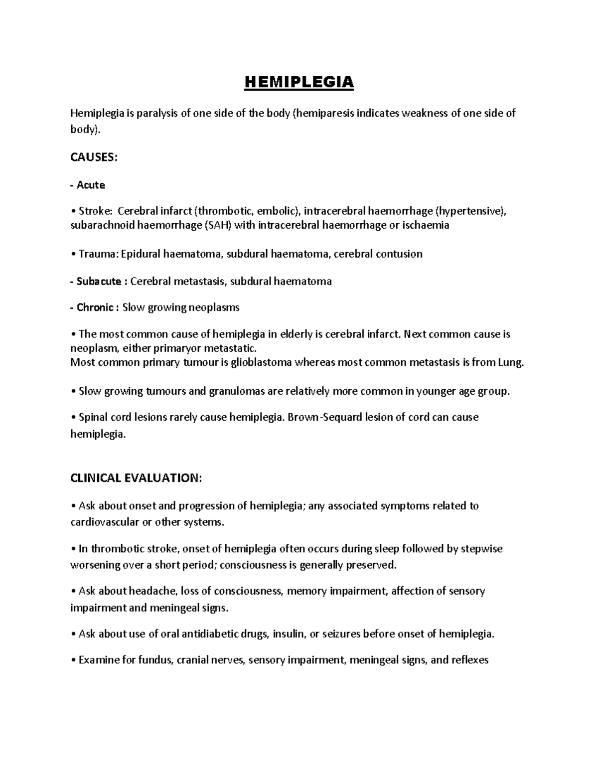 Hemiplegia - Lecture notes 1-2 - HEMIPLEGIA Hemiplegia is paralysis of ...