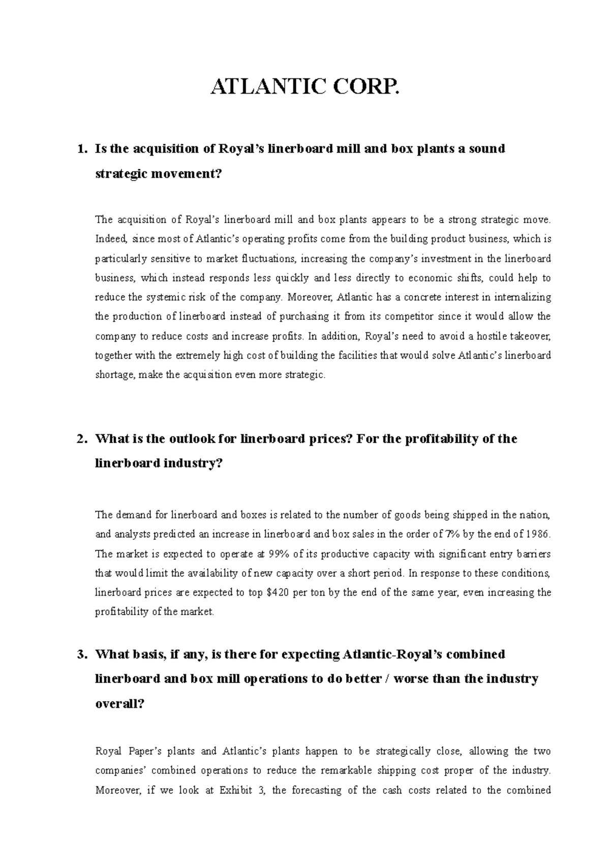 Atlantic Corp. Financial Theory Case - ATLANTIC CORP. 1. Is the ...