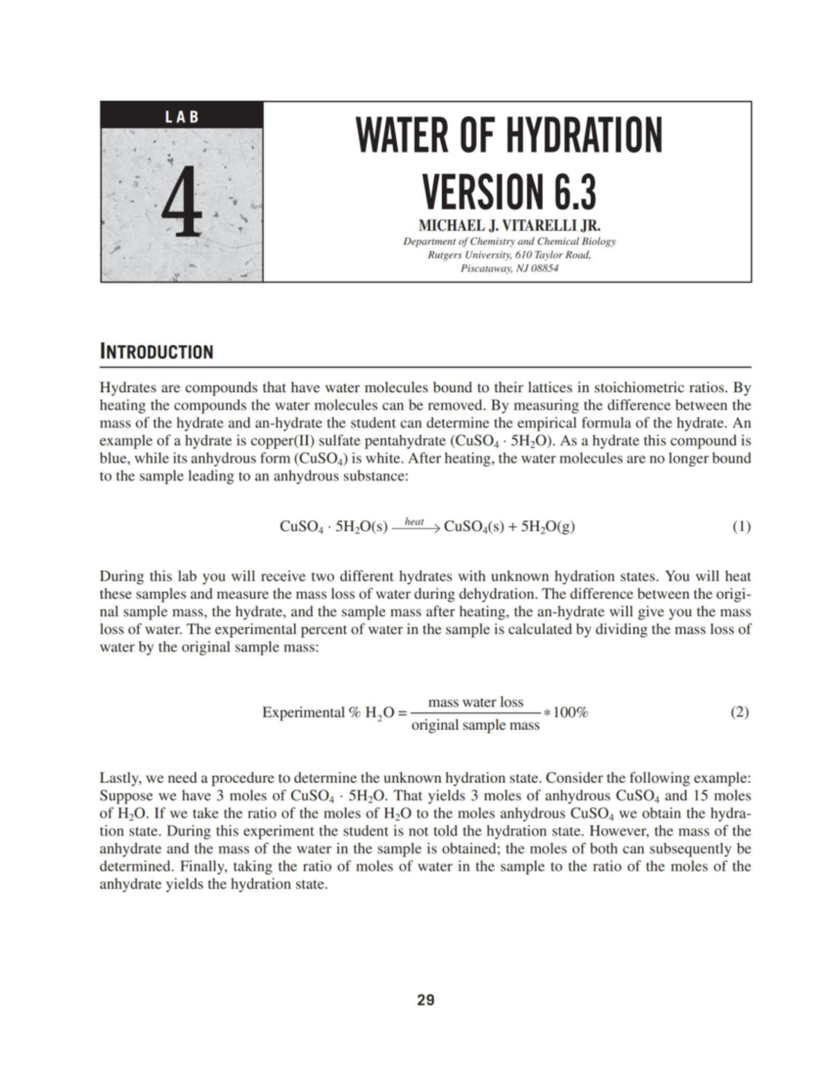 FILE 1485 - Lab 4 - LAB WATER OF HYDRATION 4 VERSION 6 MICHAEL J. VITARELLI. JR. Department of ...