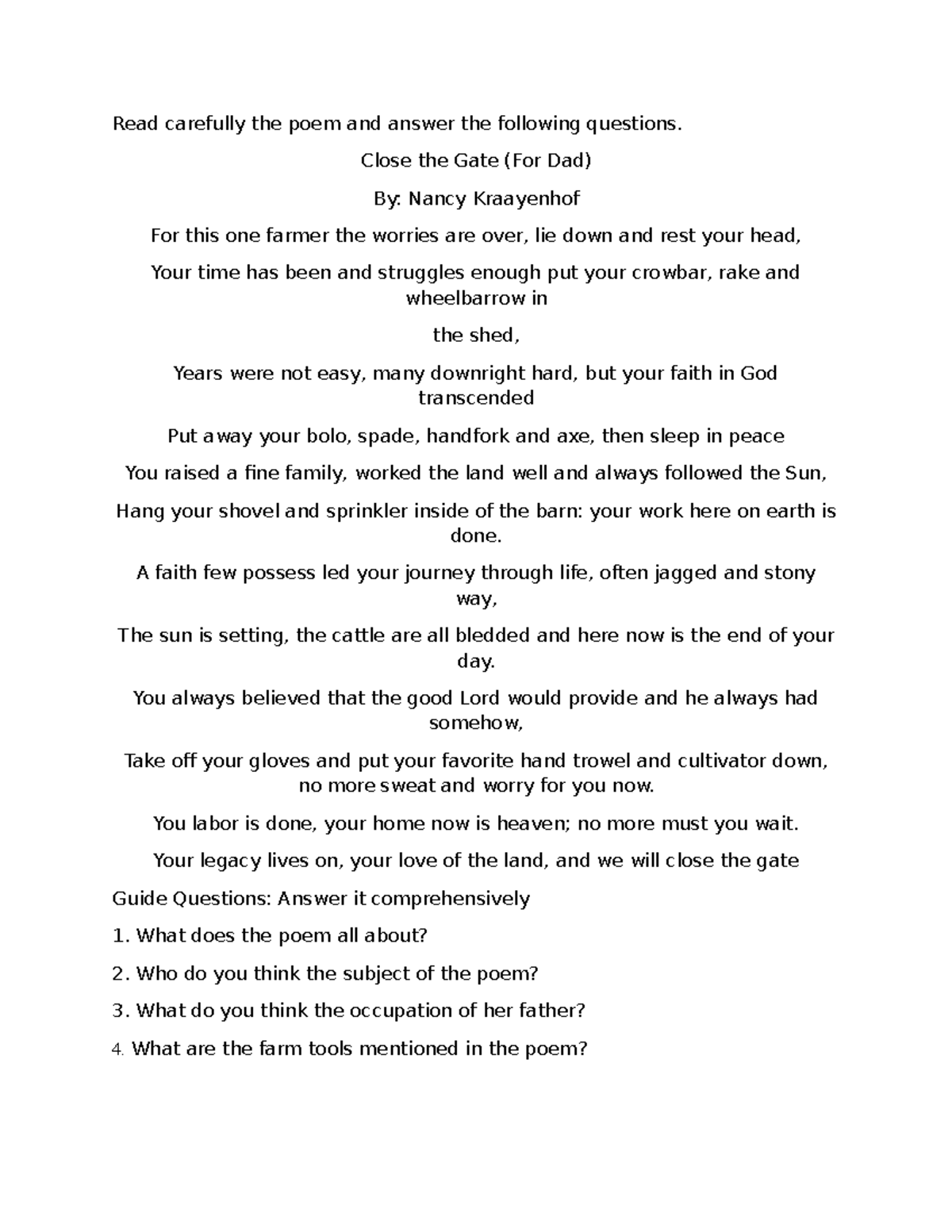 Poem - Reading - Read carefully the poem and answer the following ...