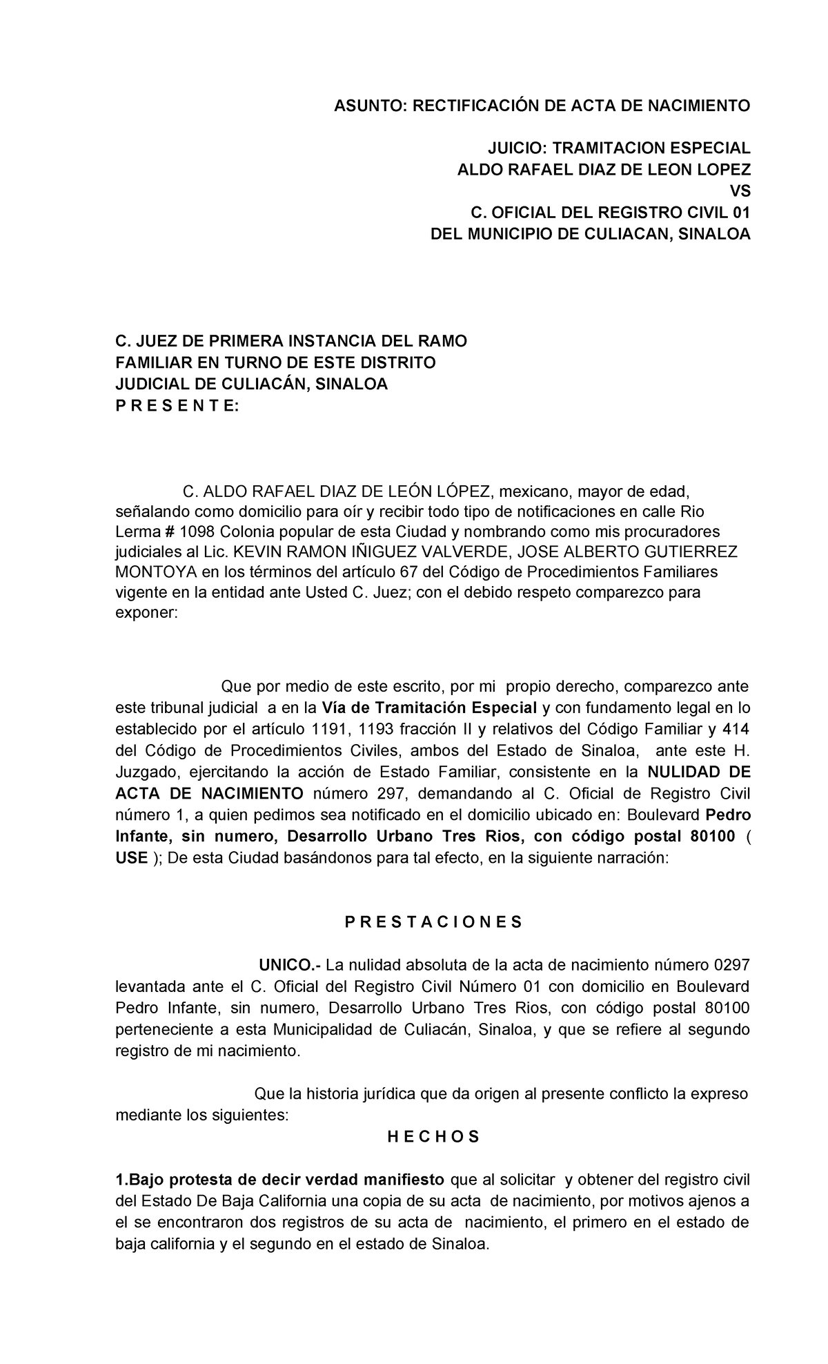 Rectificación DE ACTA ALDO DIAZ DE LEON - ASUNTO: RECTIFICACIÓN DE ACTA DE NACIMIENTO JUICIO ...