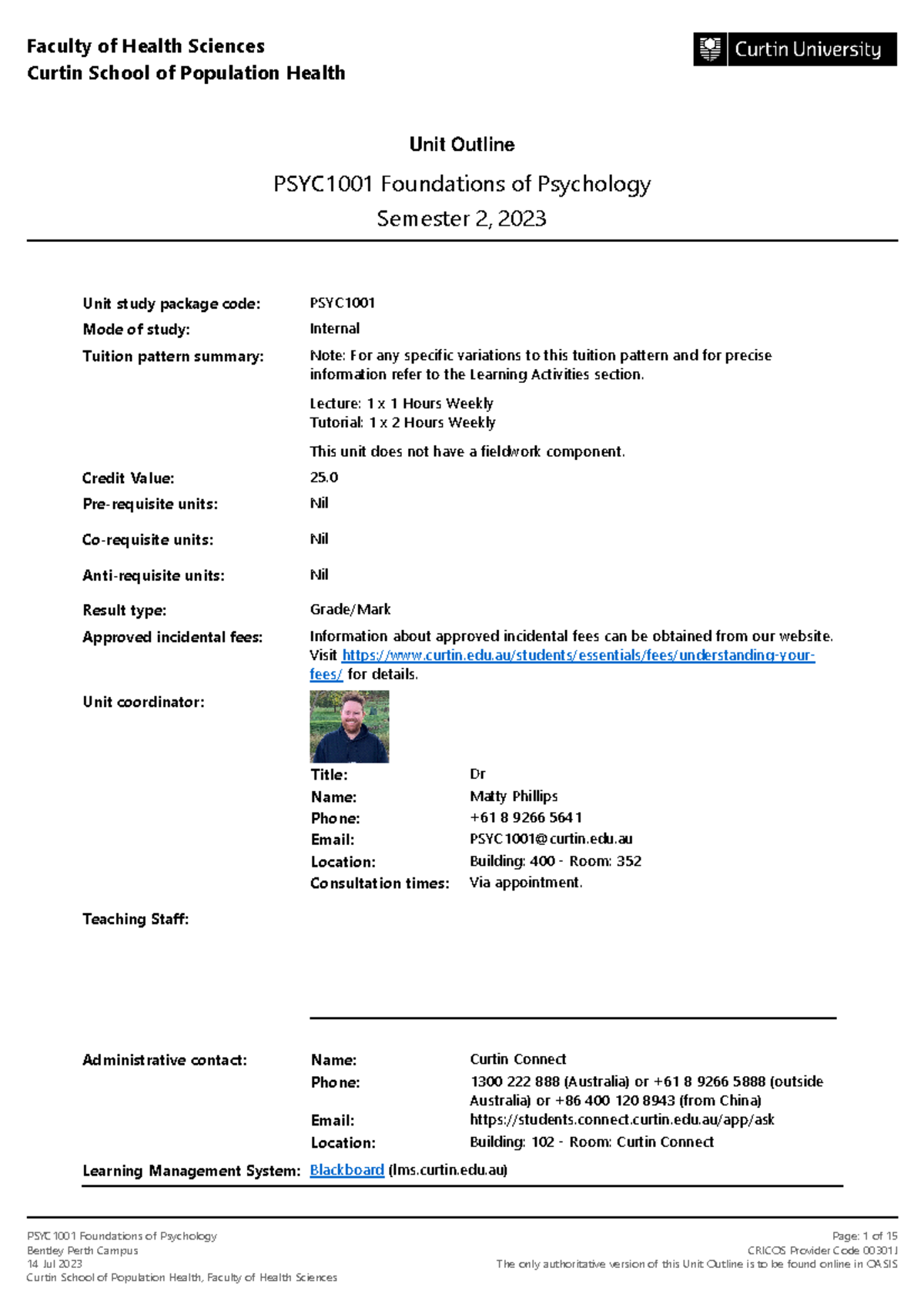 PSYC1001 Foundations of Psychology Semester 2 2023 Bentley Perth Campus INT - Unit study package ...