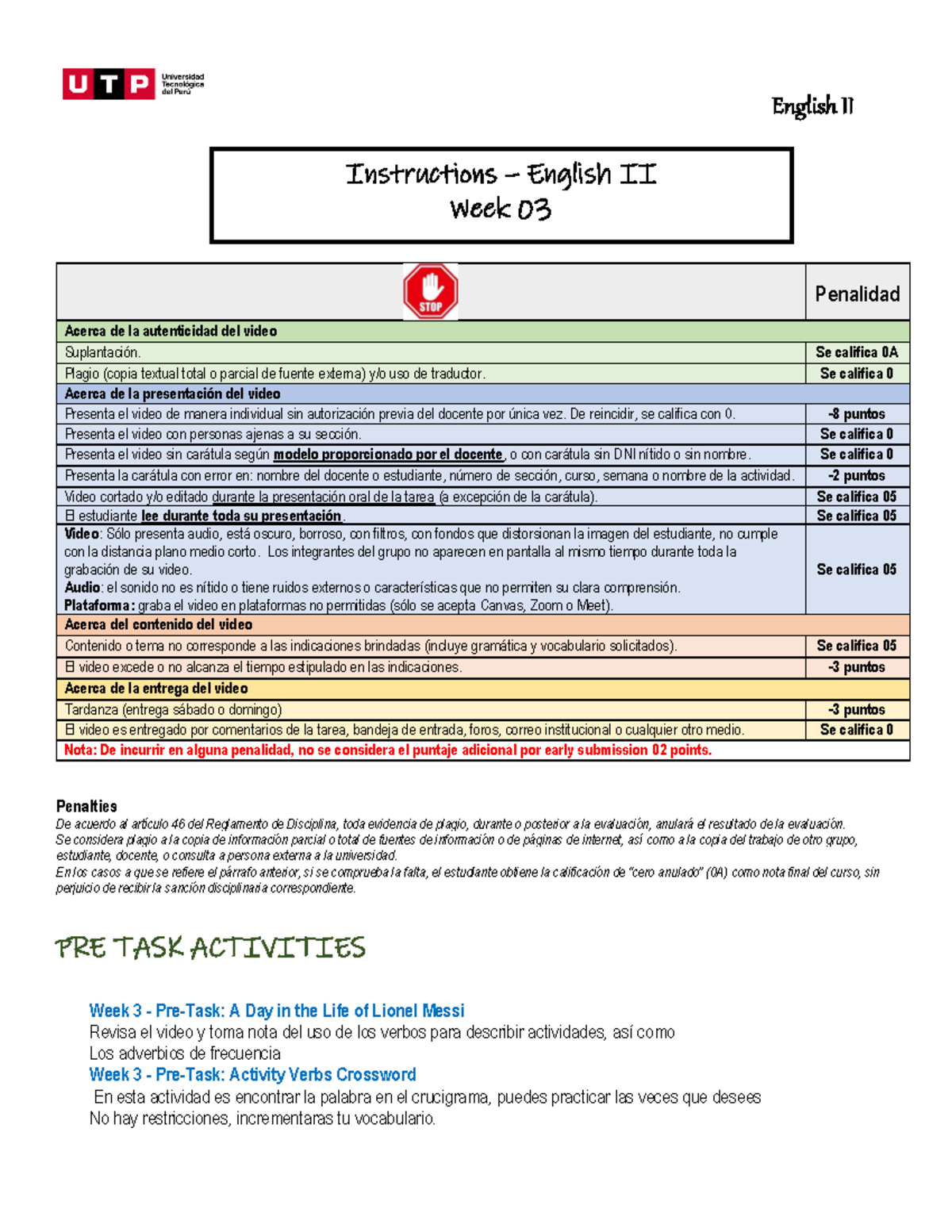 WEEK 03 - Indicaciones en español - Inglés 2 - English II Penalties De ...