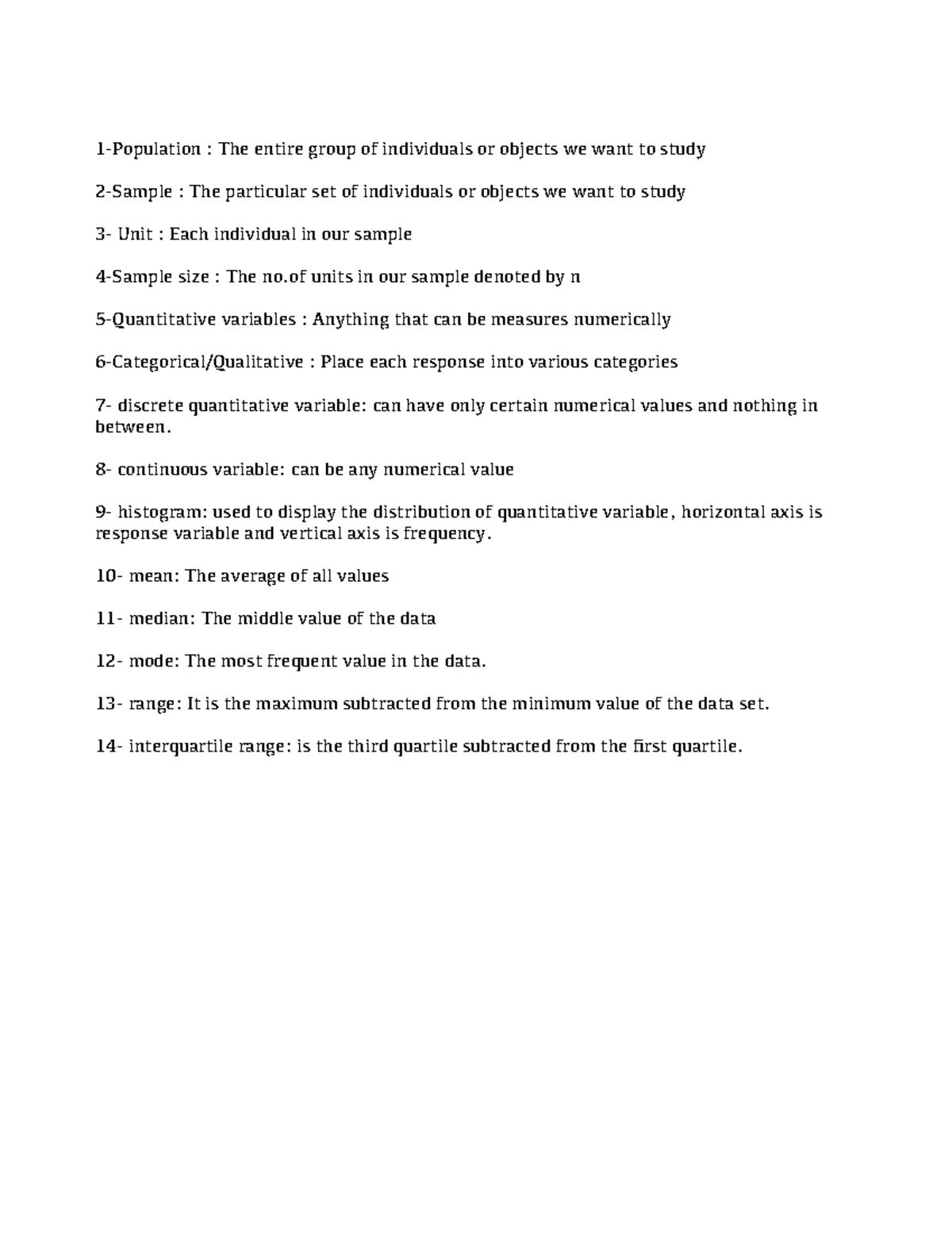 Stats 1000 unit 1 imp terms - 1-Population : The entire group of ...