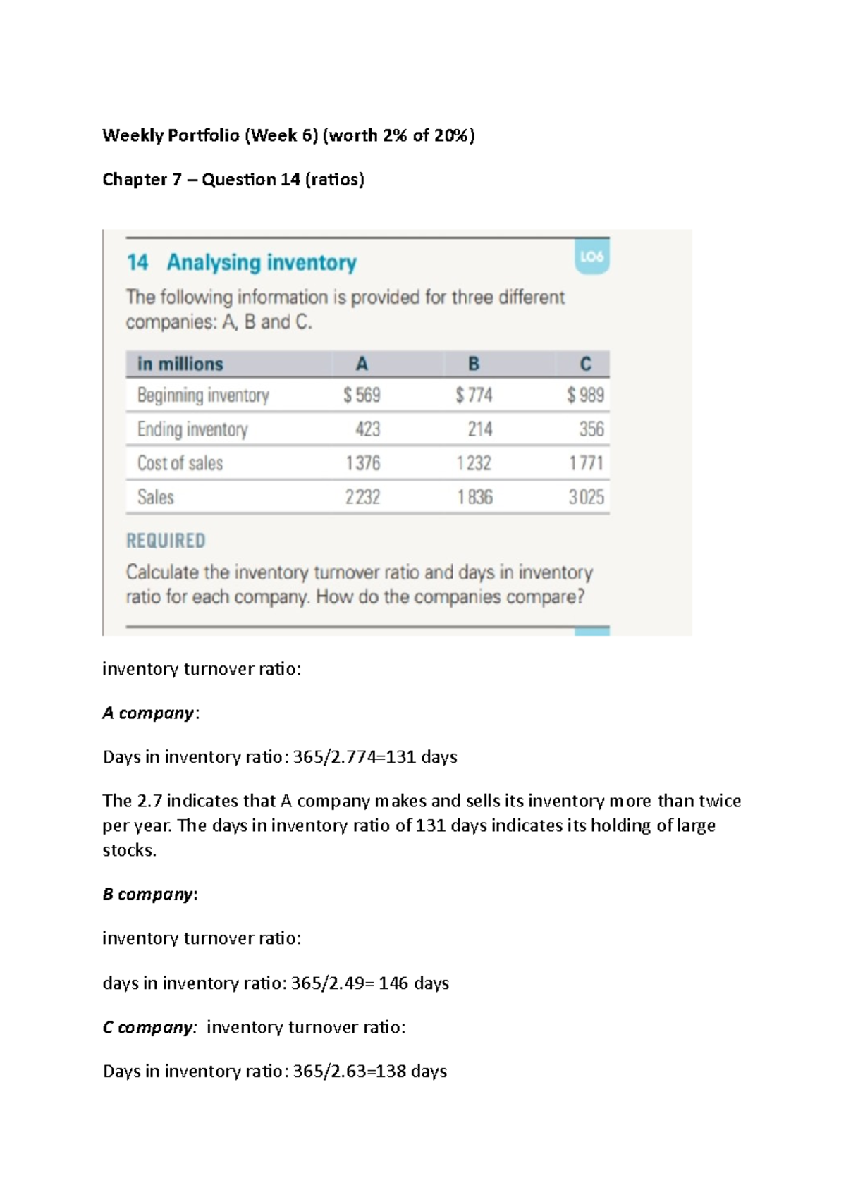 Week 6 portfolio - Weekly Portfolio (Week 6) (worth 2% of 20%) Chapter 7 – Question 14 (ratios ...