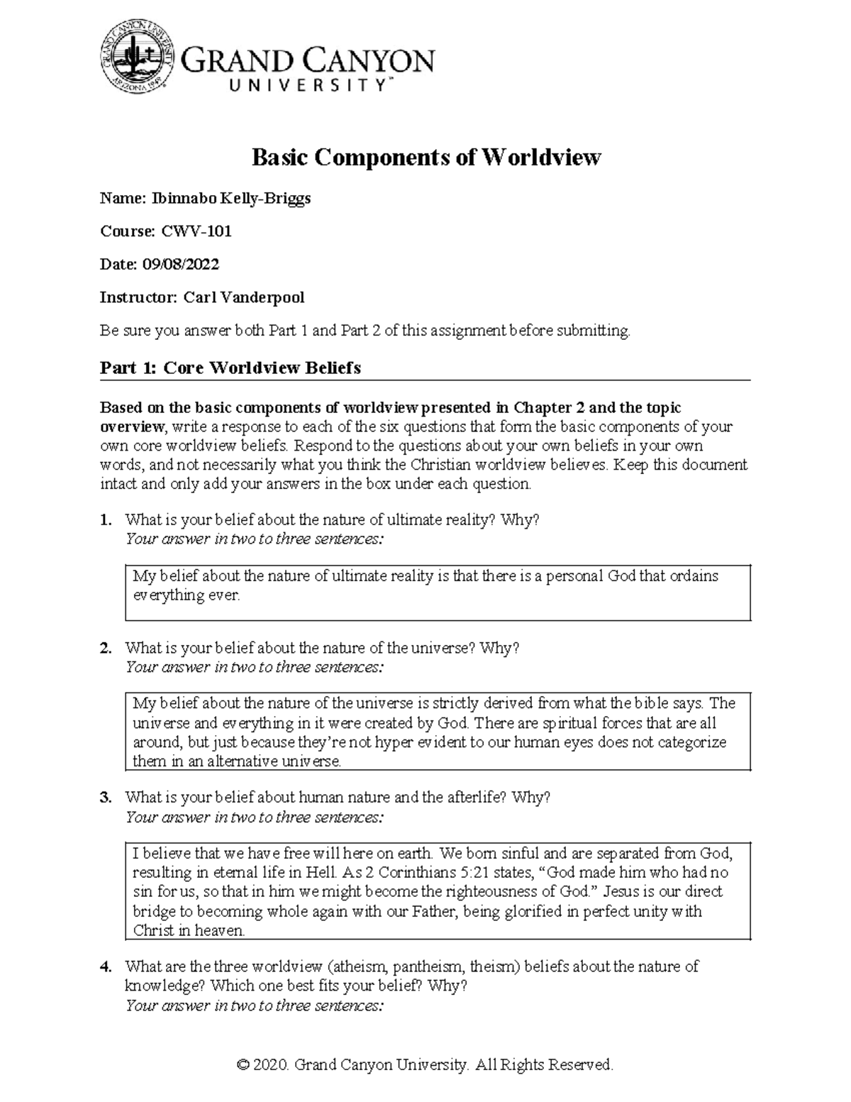CWV 101 301 RS T1Basic Components Of Worldview - Basic Components of Worldview Name: Ibinnabo ...