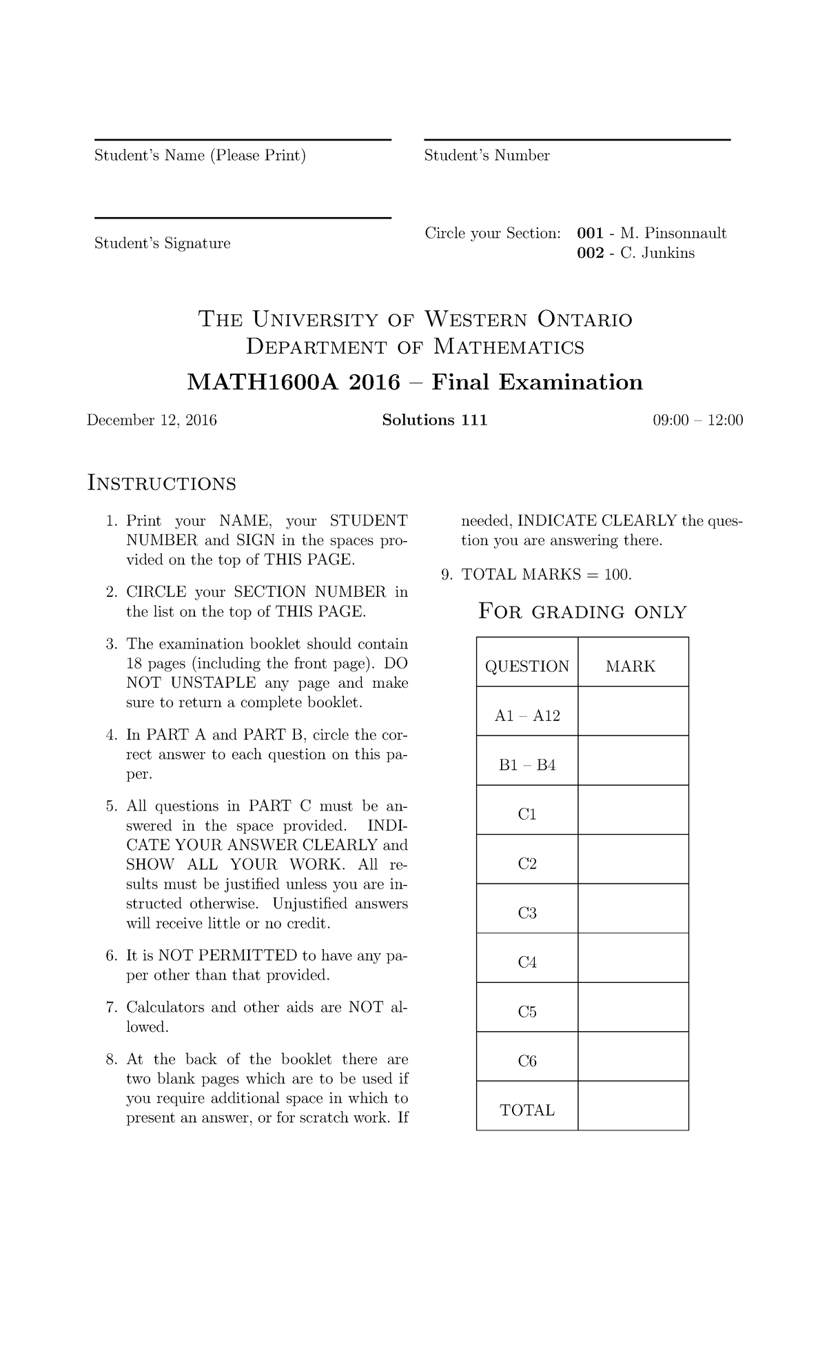 Final 2016 (blank) - Past exam - Student’s Name (Please Print) Student’s Number Student’s ...