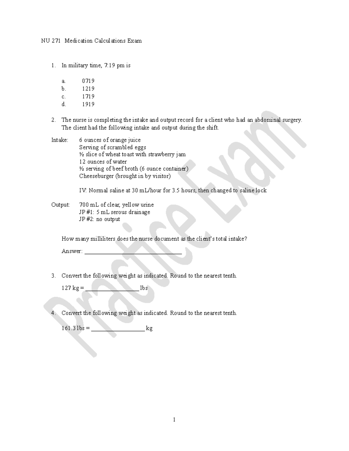 NU 271 Med Calc Practice Exam - no answers - NU 271 Medication ...