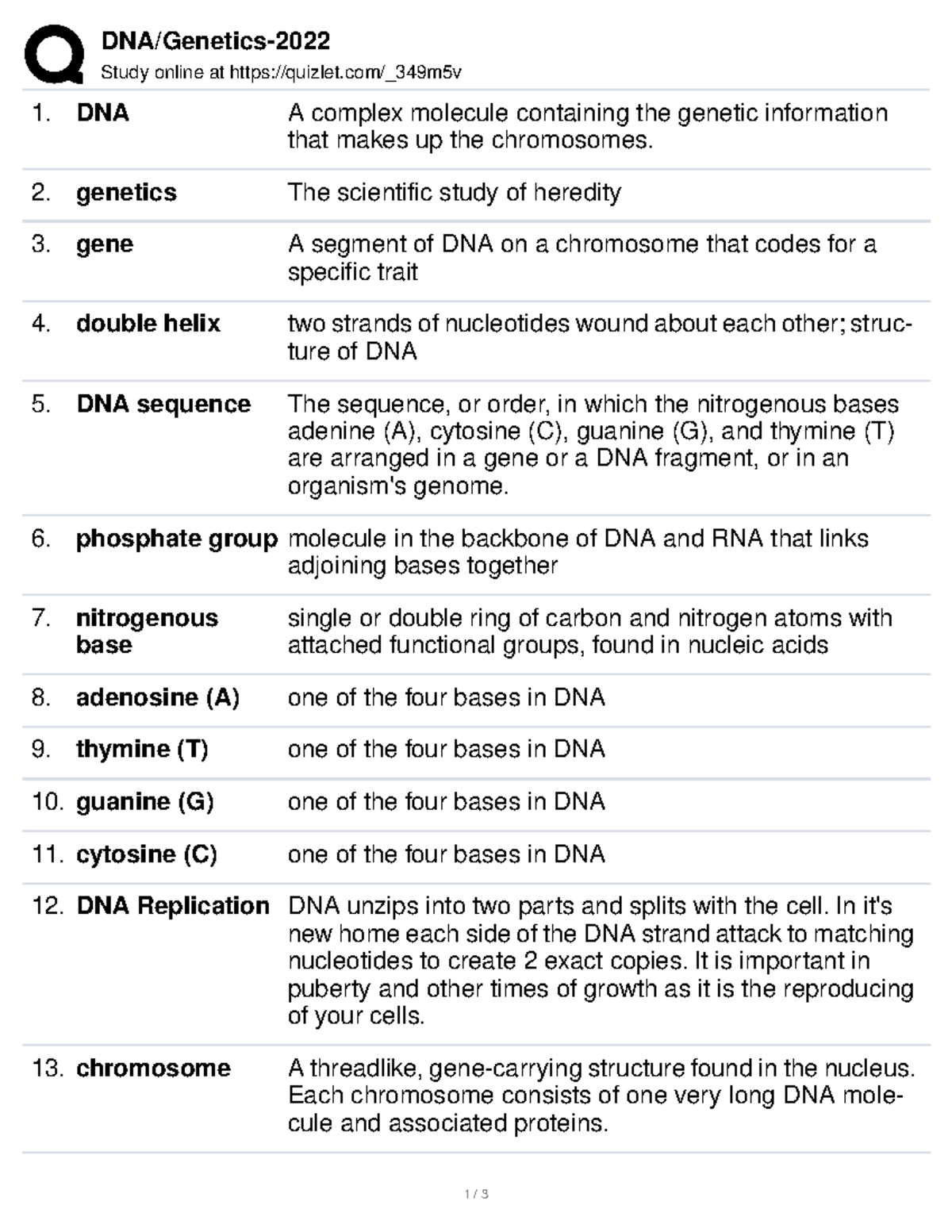 Genetics Review - DNA/Genetics- Study online at quizlet/_349m5v DNA A ...