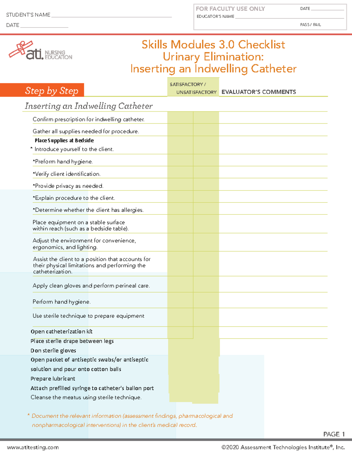 ATI Indwelling Catheter Checklist. Rev - ####### EDUCATOR ...
