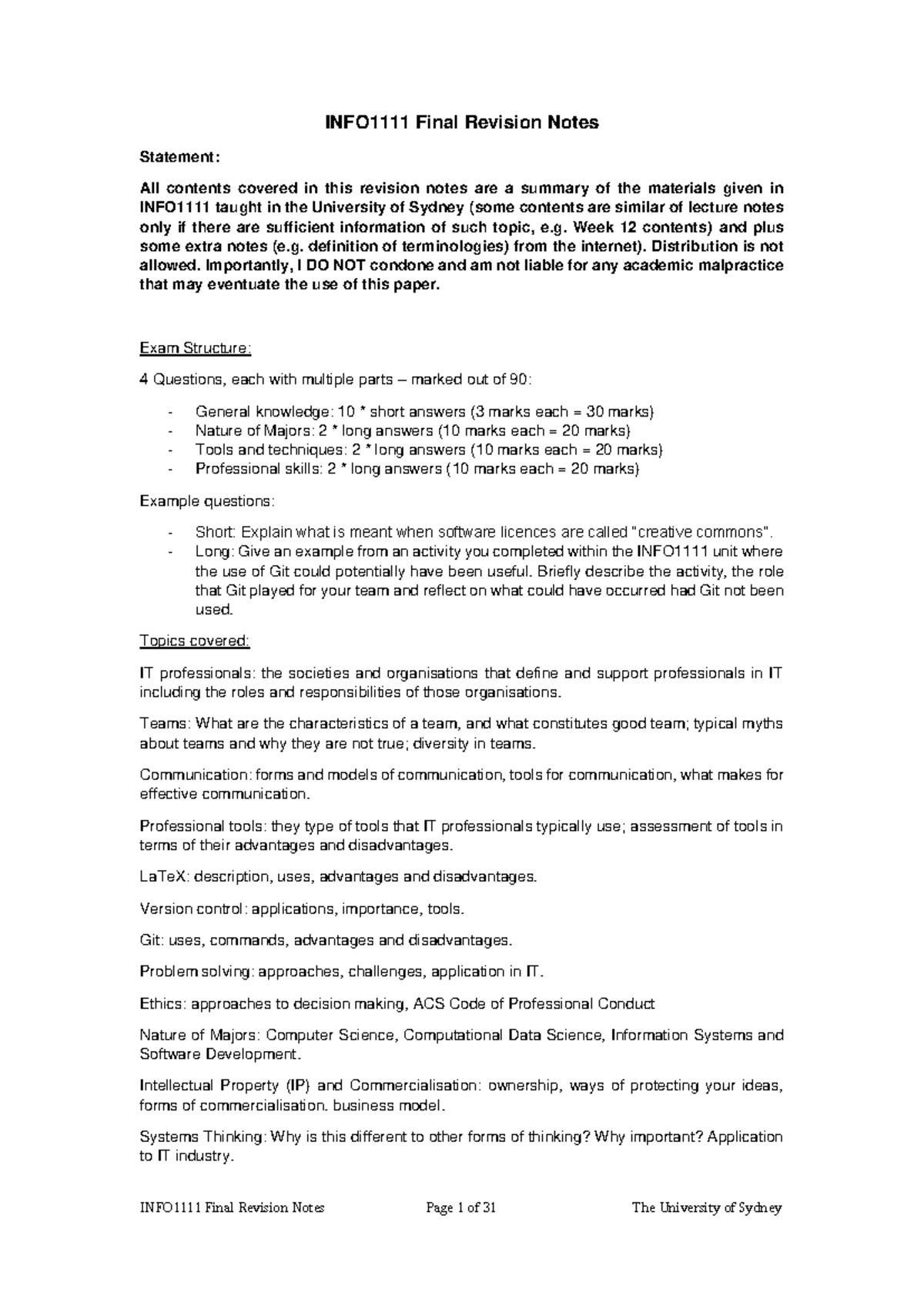 INFO1111 Summary - INFO1111 Final Revision Notes Statement: All ...