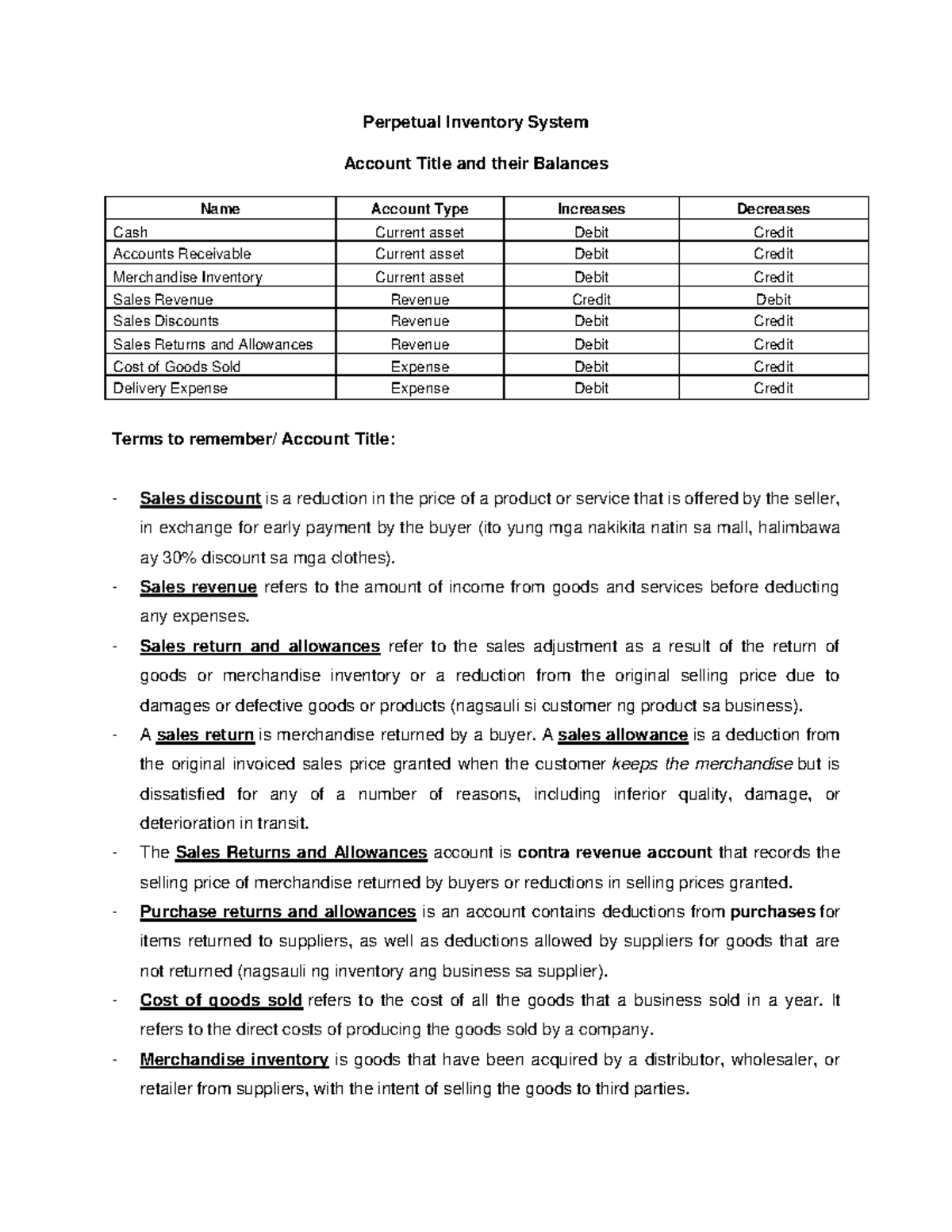 Notes for Perpetual Inventory System - Perpetual Inventory System ...