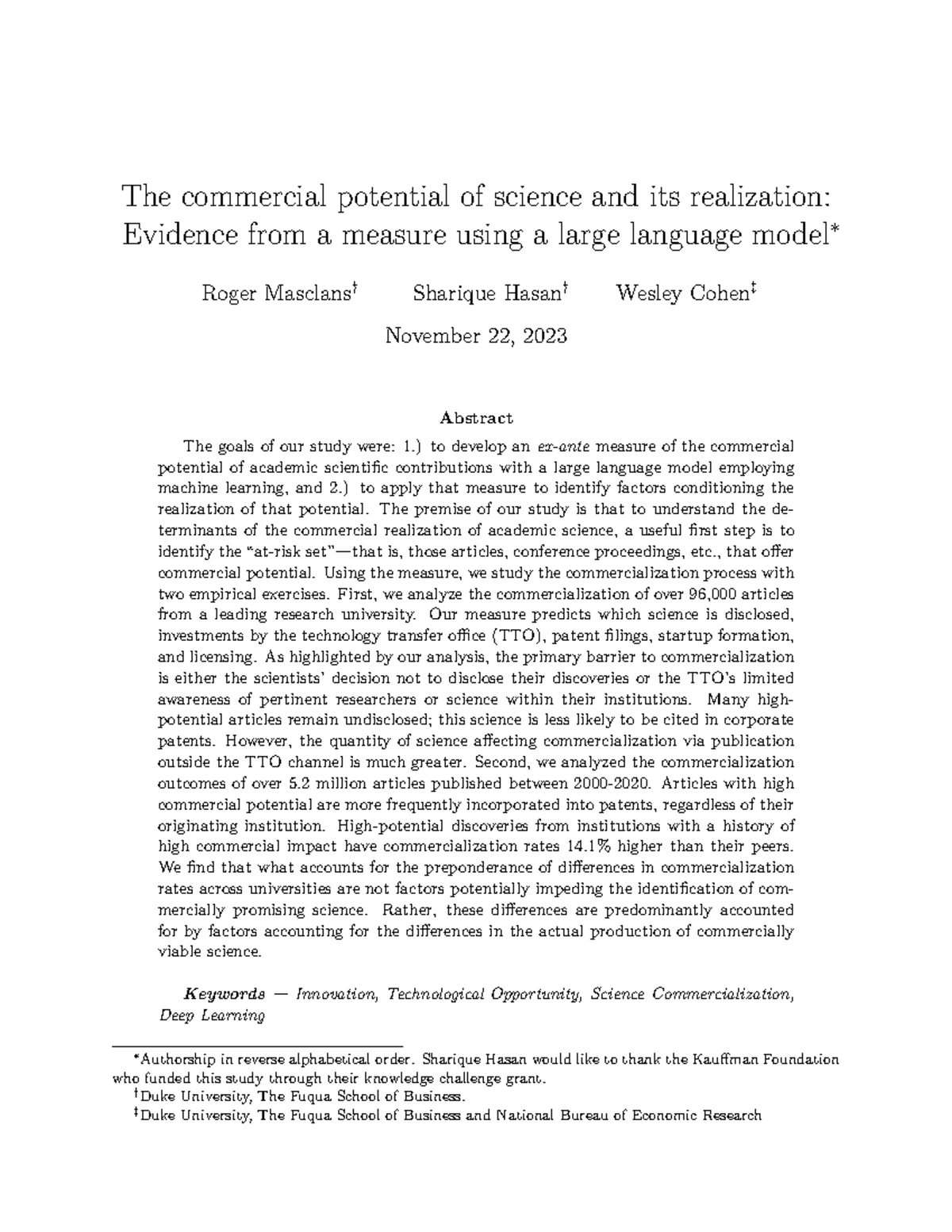 Masclans 2023 NBER Commercialzn of science - The commercial potential ...