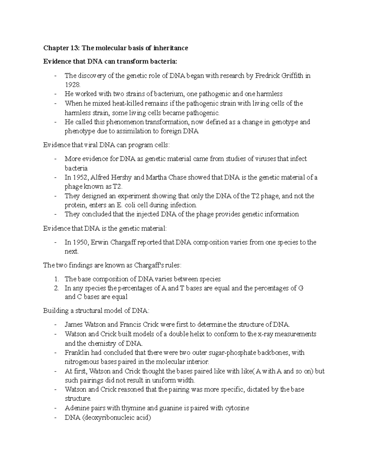 Chapter 13 biology 1 - Chapter 13: The molecular basis of inheritance ...