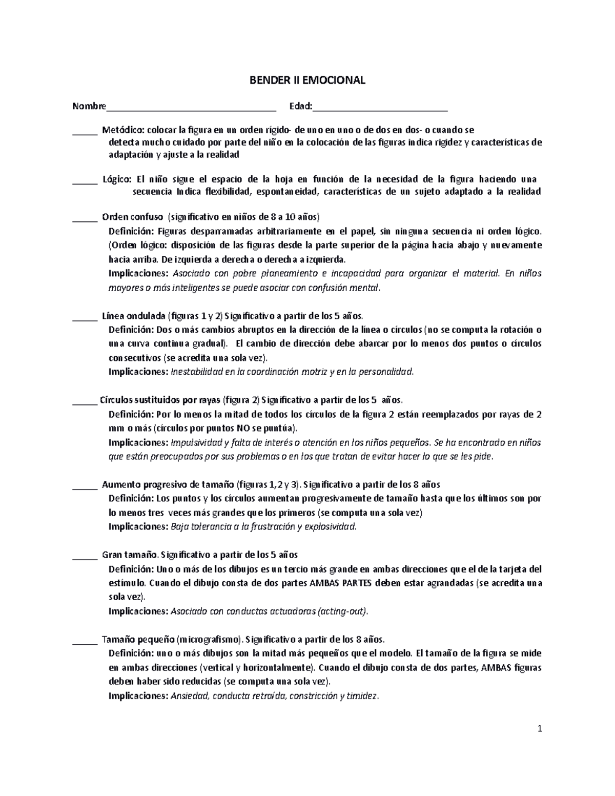 Calificación emoc Bender II - BENDER II EMOCIONAL Nombre