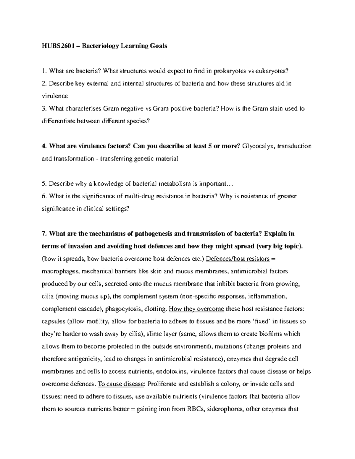 Bacteriology LGs (summary) - HUBS2601 – Bacteriology Learning Goals ...