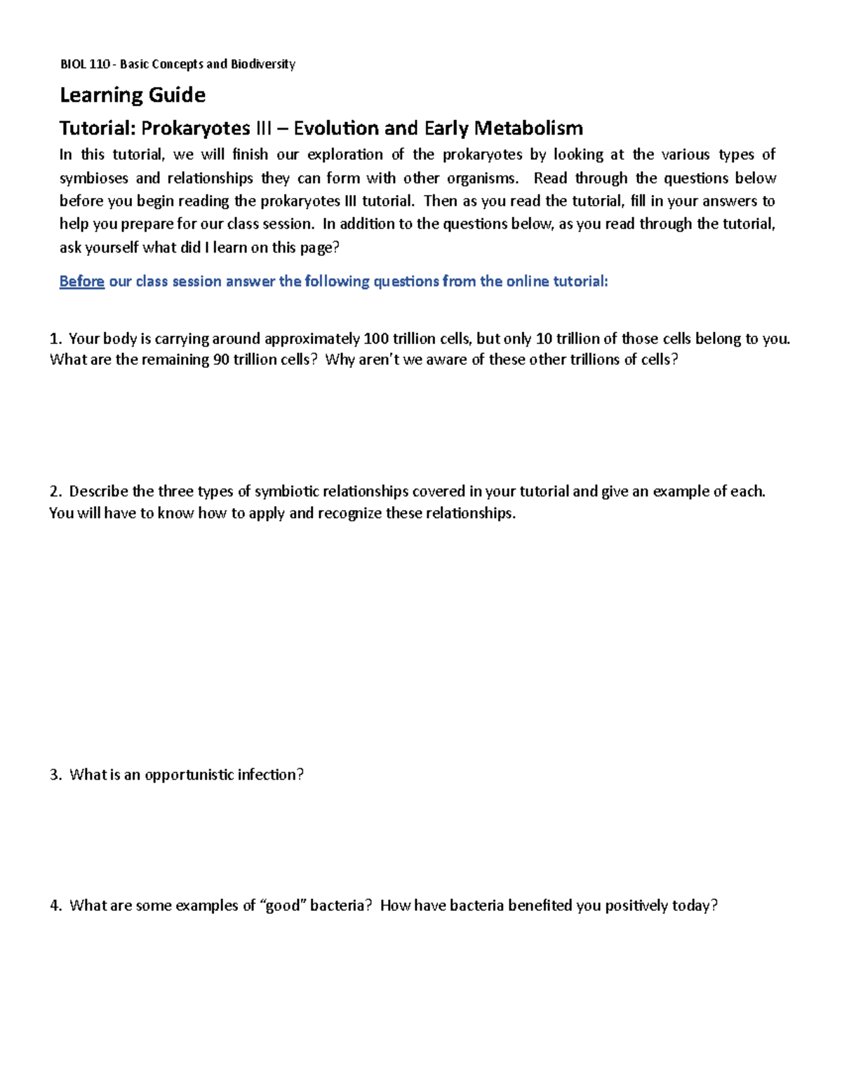 Learning Guide for Tutorial #6 Bio 110 - BIOL 110 - Basic Concepts and ...