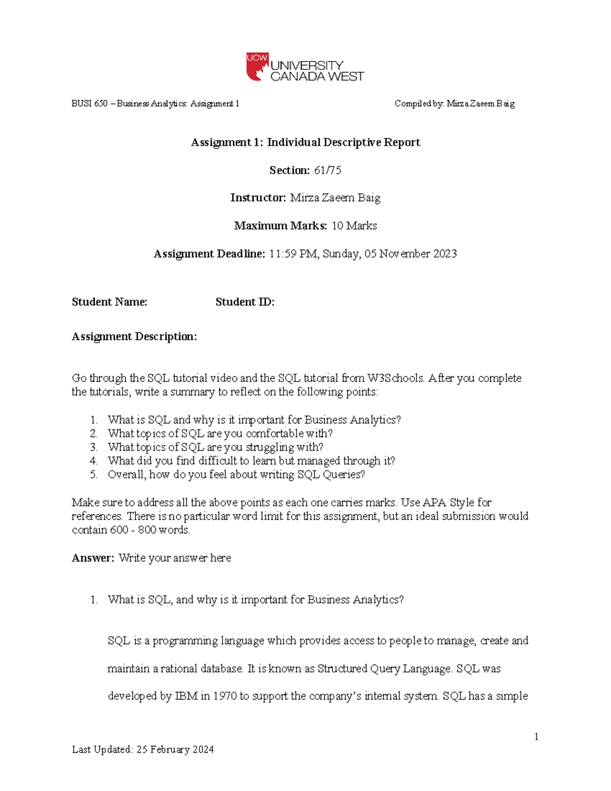 BUSI650 Assignment 1 - Assignment 1: Individual Descriptive Report ...