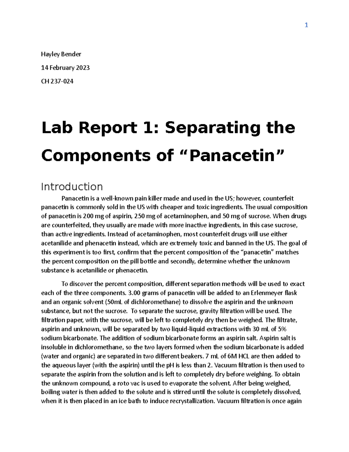Lab Report 1 - Lab 1 - Hayley Bender 14 February 2023 CH 237- Lab ...