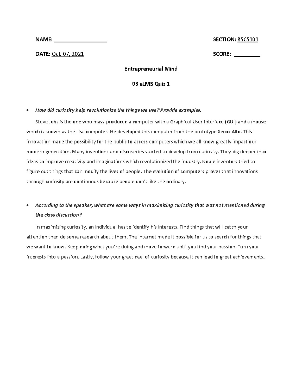 03 e LMS Quiz 1 Innovation through Curiousity - NAME: SECTION: BSCS ...