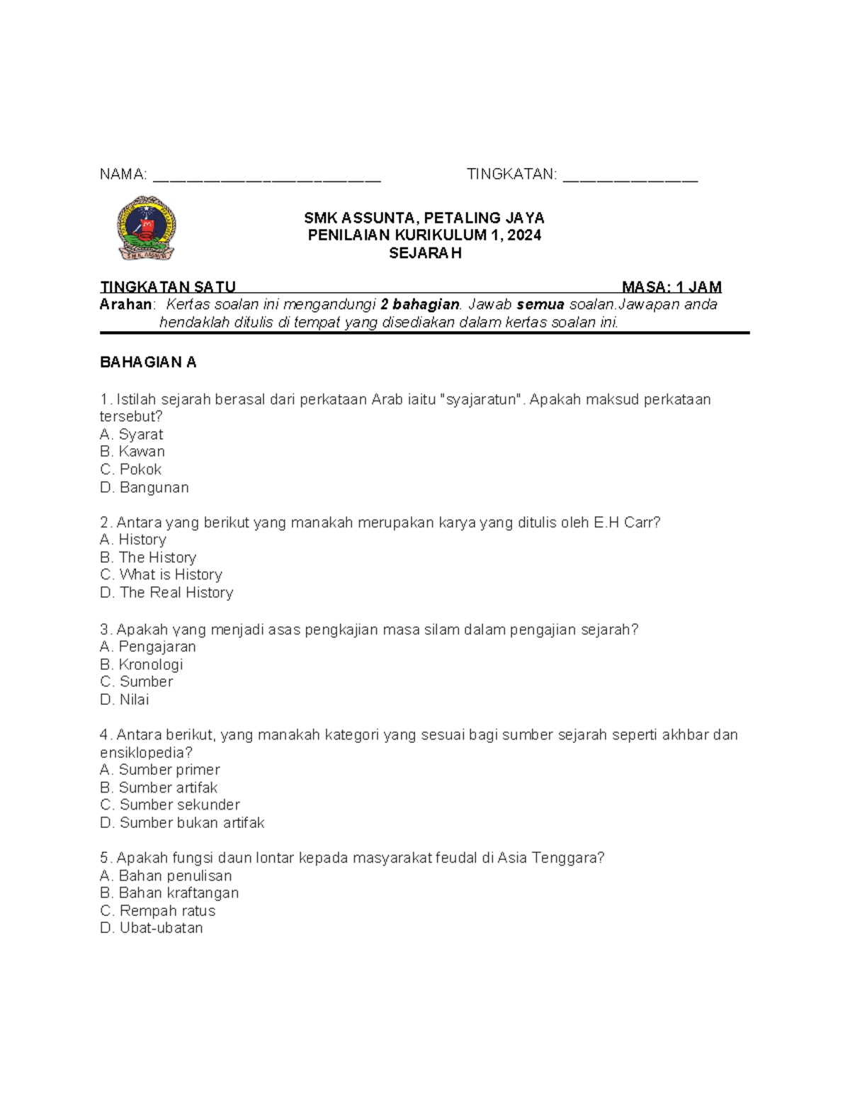 PK1 Sejarah F1 - NAMA: ___________________________ TINGKATAN ...