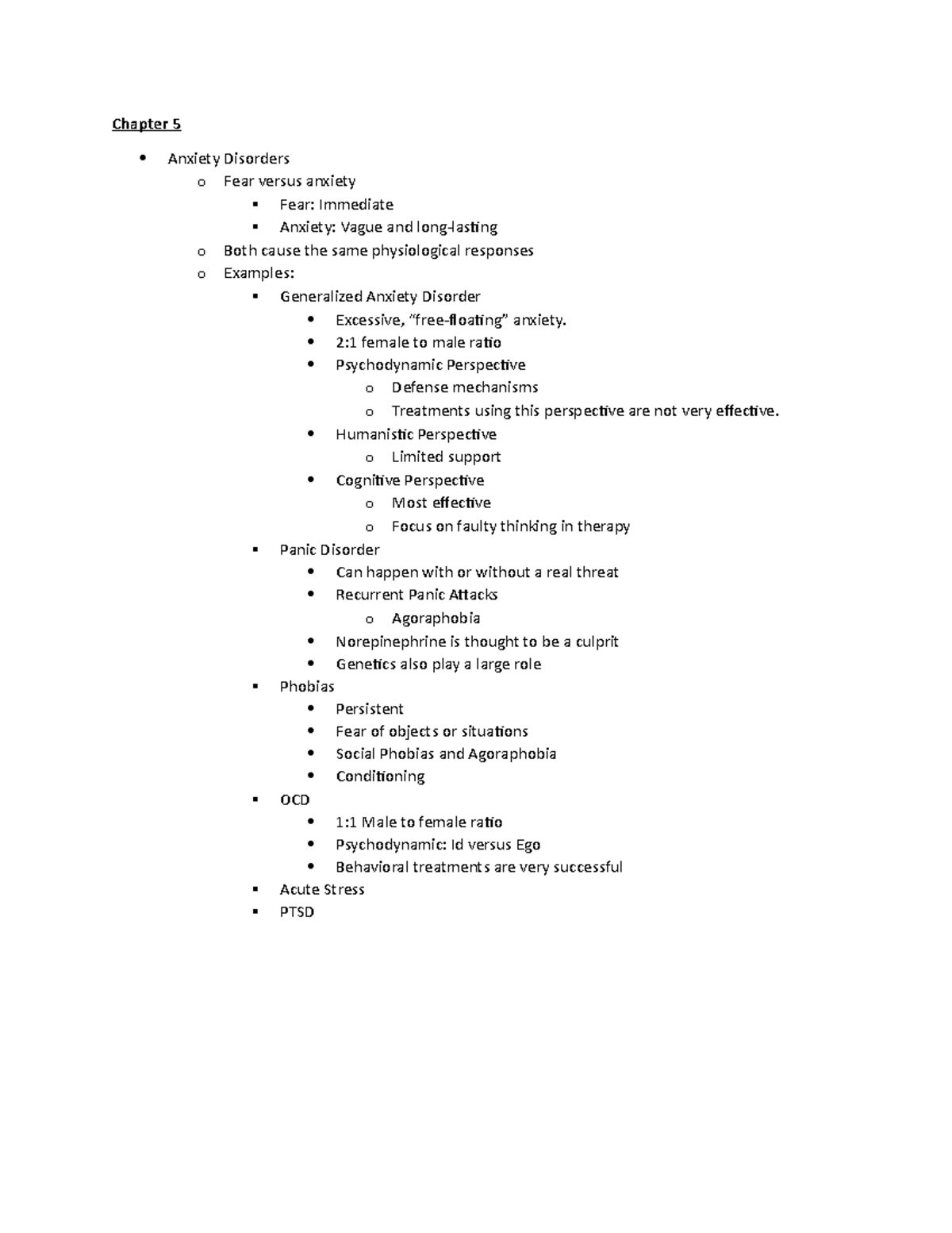 Chapter 5 - Notes - Chapter 5 Anxiety Disorders o Fear versus anxiety ...
