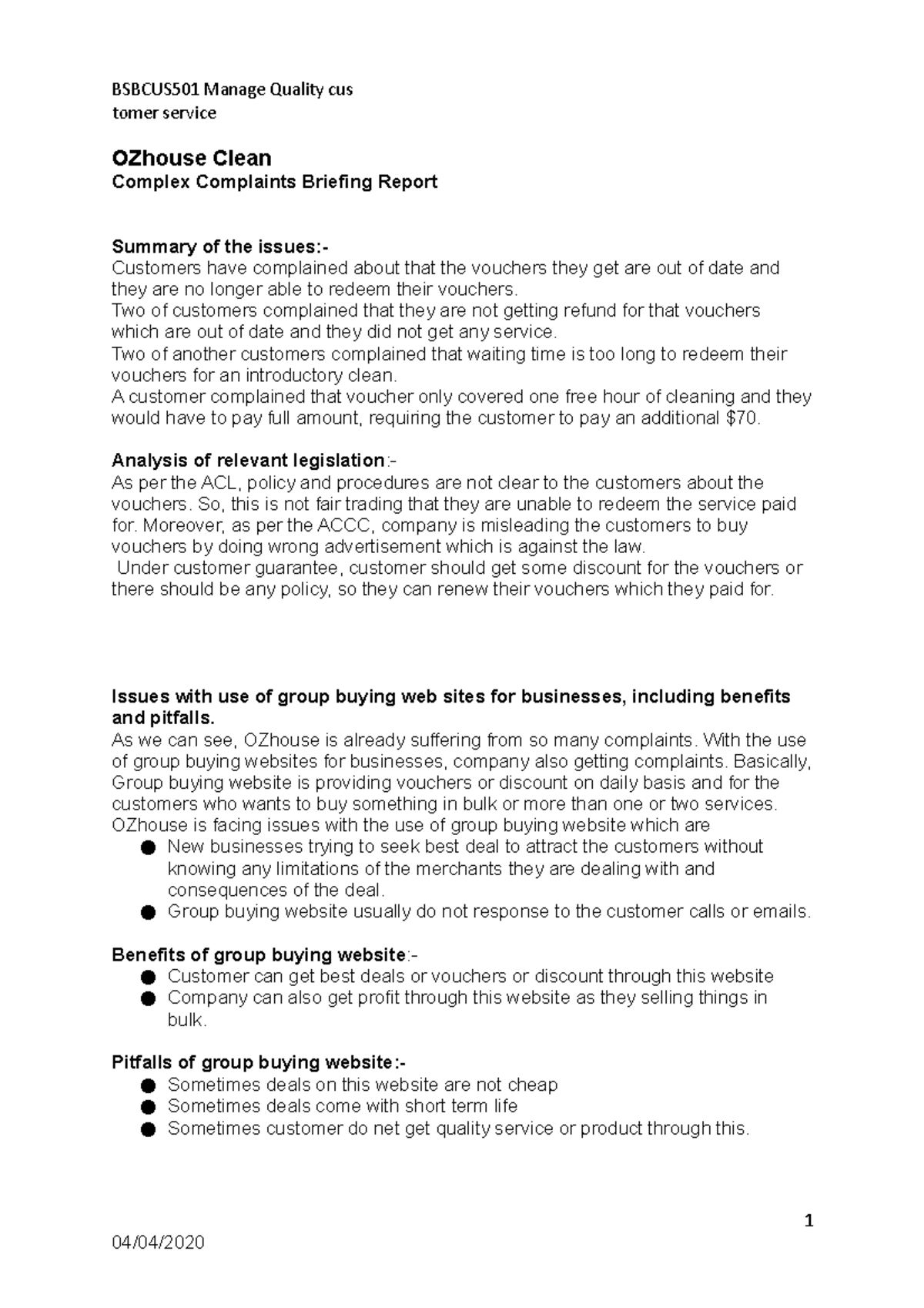 Briefing report - BSBCUS501 Manage Quality cus tomer service ...
