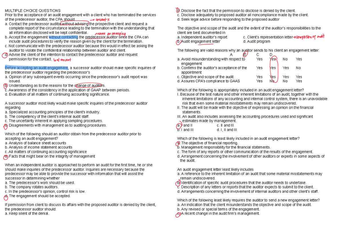 Pre engagement - auditjg theory notes and test bank - MULTIPLE CHOICE ...