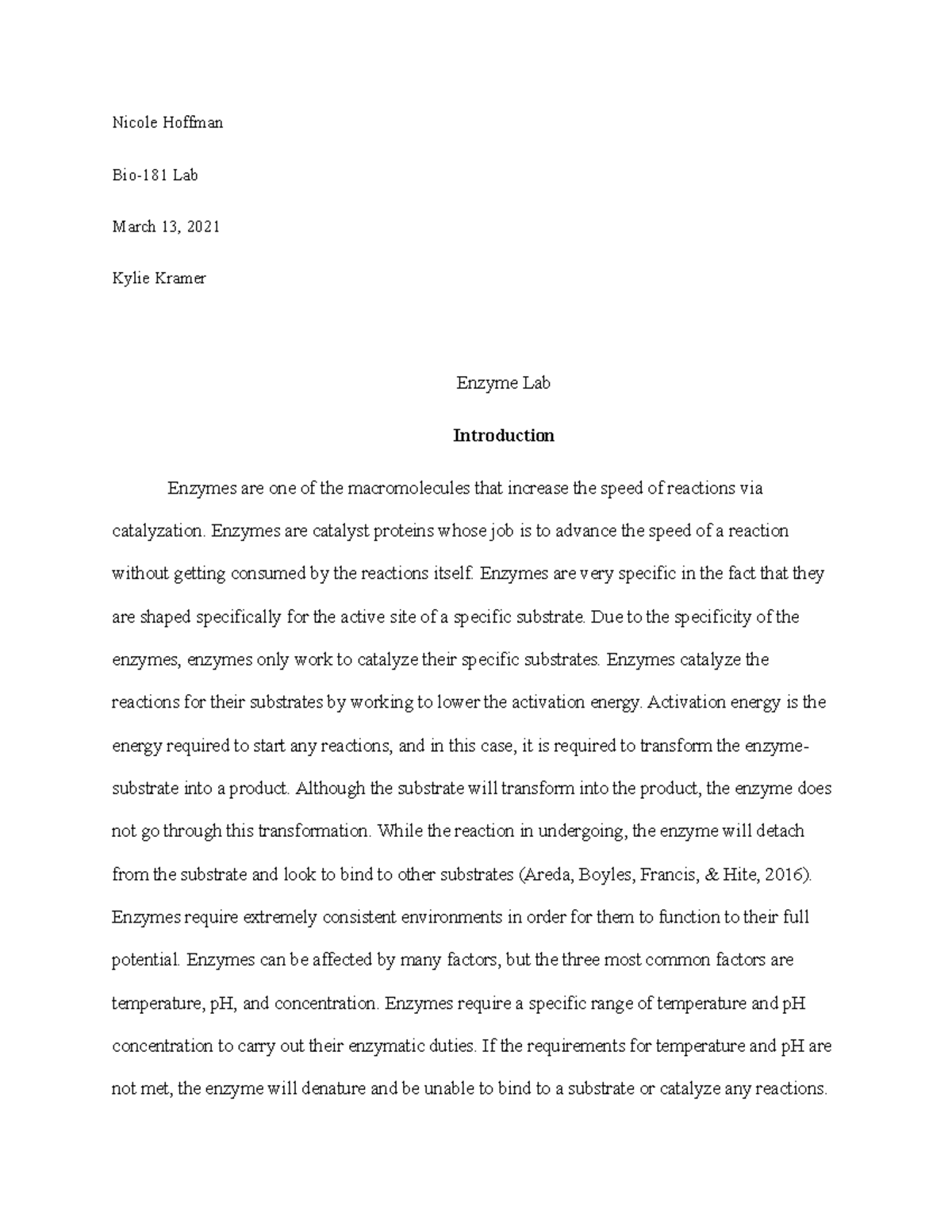 Bio-181L Enzymes lab report - Nicole Hoffman Lab March 13, 2021 Kylie ...