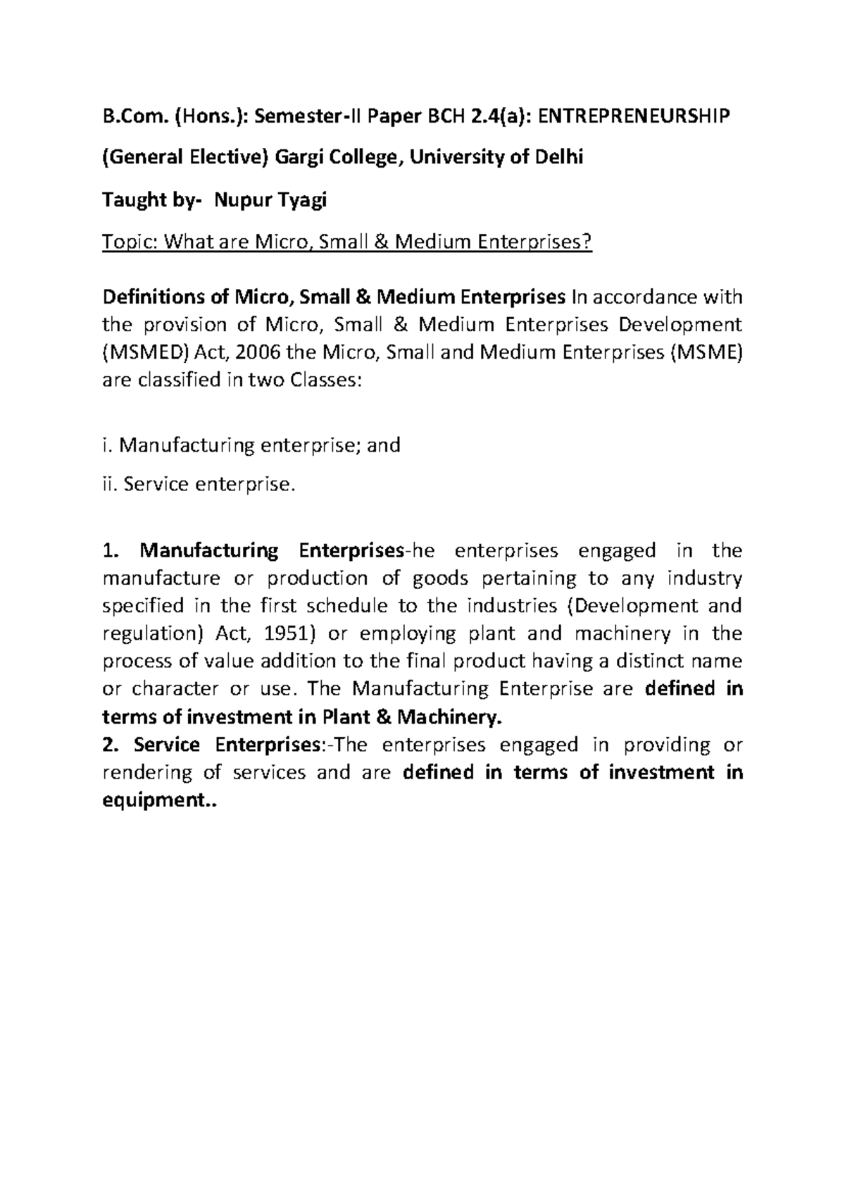 What are MSME its Role - ...... - B. (Hons.): Semester-II Paper BCH 2(a ...