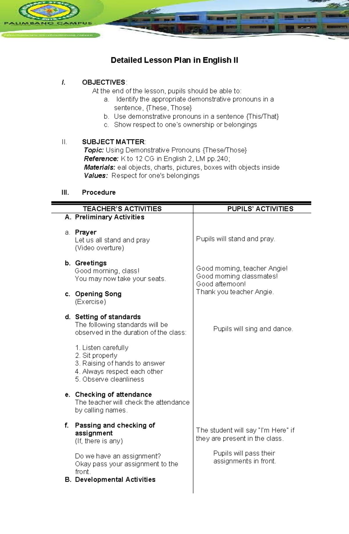 DLP in English Those and These - Detailed Lesson Plan in English II I ...