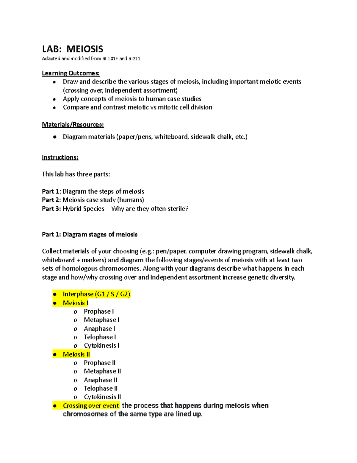 Lab Meiosis - LAB: MEIOSIS Adapted and modified from BI 101F and BI ...