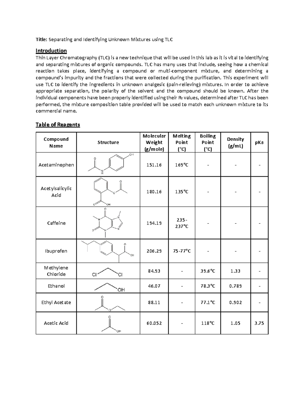 Experiment 4 - TLC Lab - Title: Separating and Identifying Unknown ...