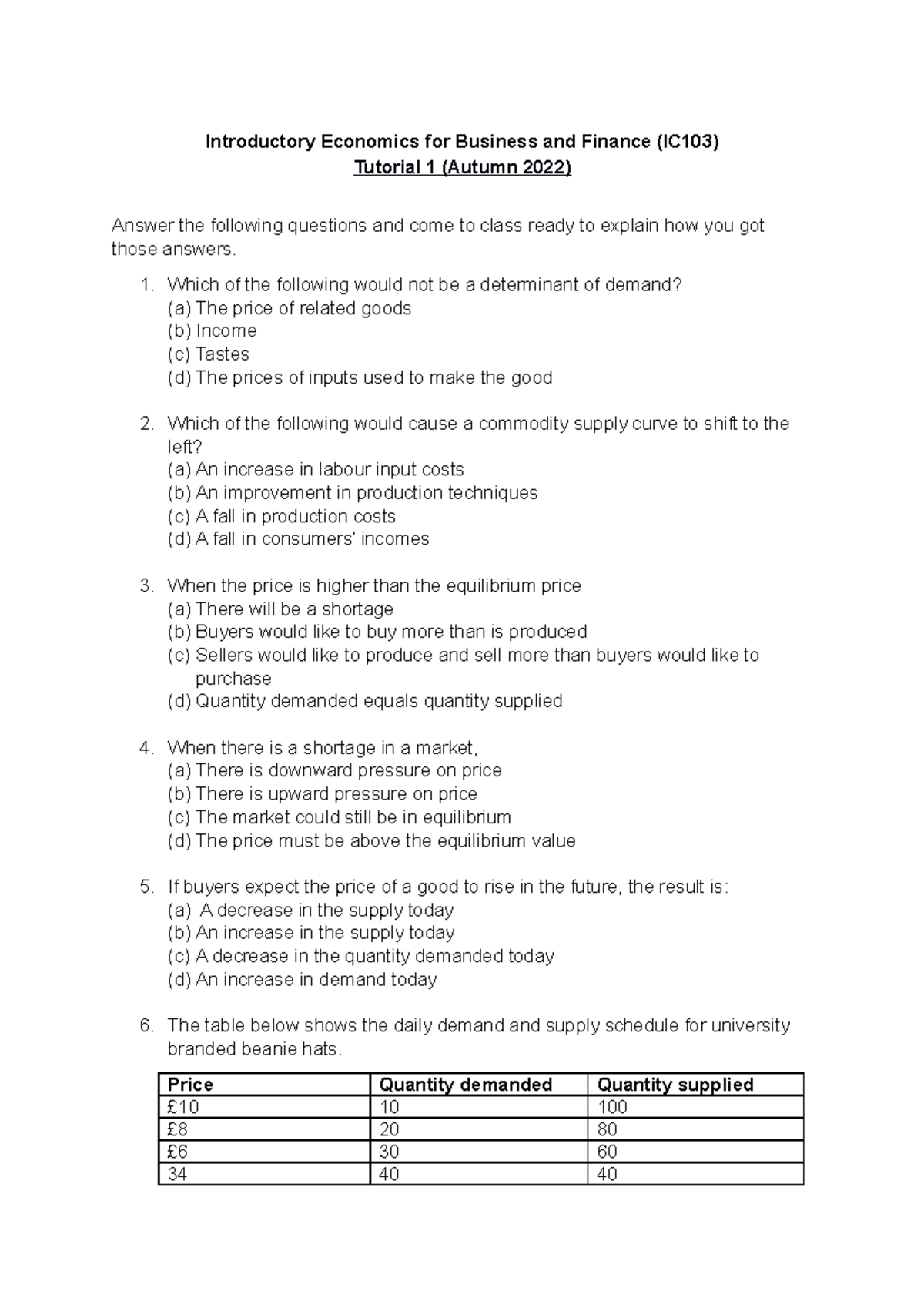 Tutorial 1 (IC103) - Introductory Economics for Business and Finance ...