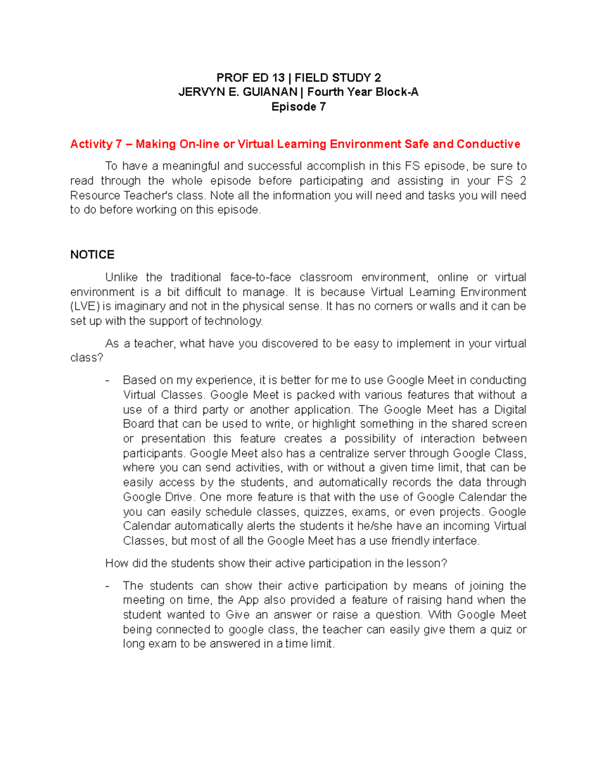 Prof Ed 13 - Episode 7 - activity - PROF ED 13 | FIELD STUDY 2 JERVYN E ...