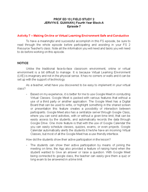 Prof Ed 13 - Episode 5 - activity - PROF ED 13 | FIELD STUDY 2 JERVYN E ...