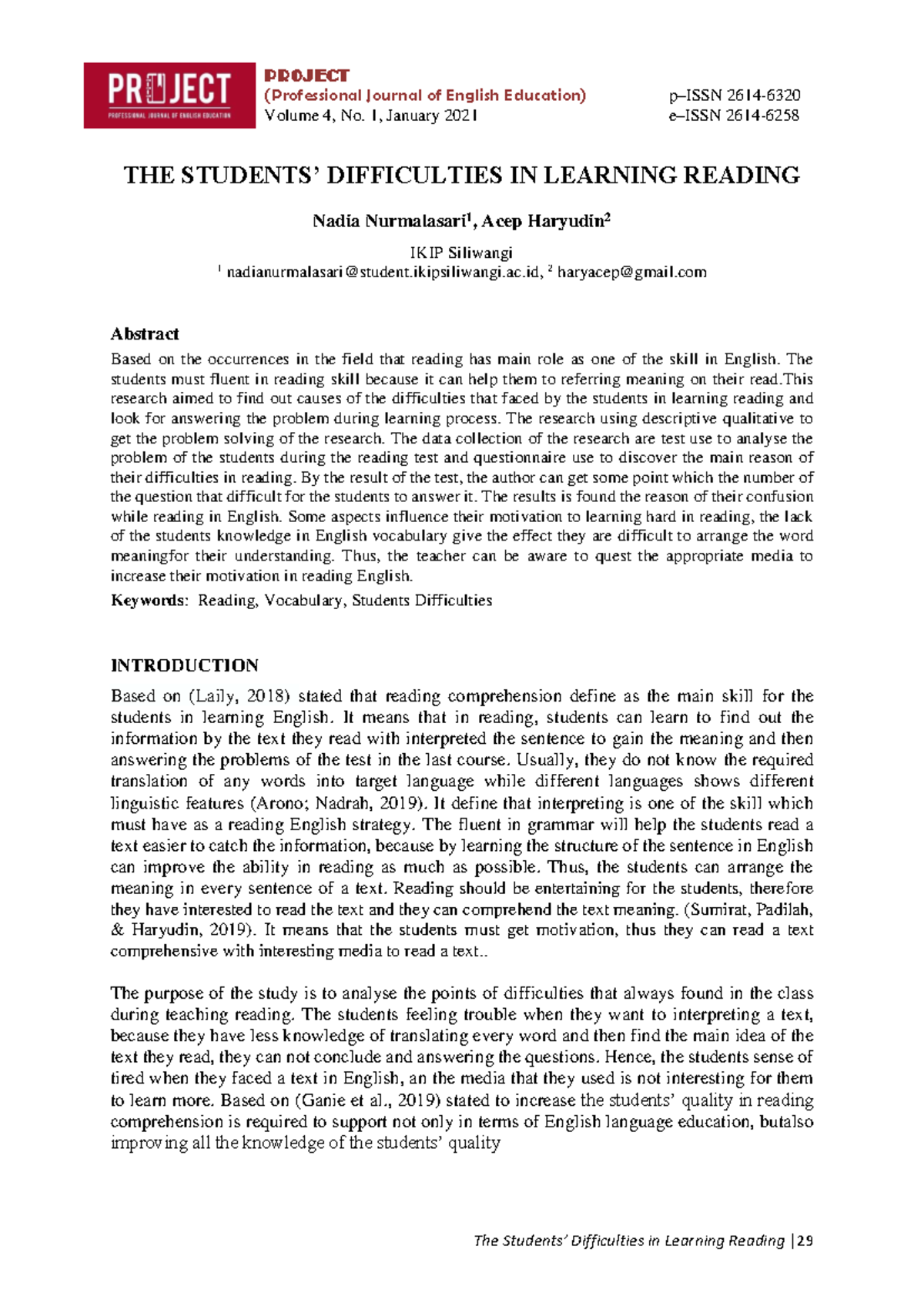 THE Students Difficulties IN Learning Reading - PROJECT (Professional ...