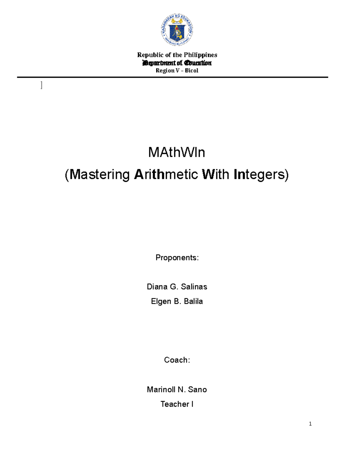 Math-Game-Pantao-NHS - Department of Education Region V – Bicol MAthWIn (Mastering Arithmetic ...